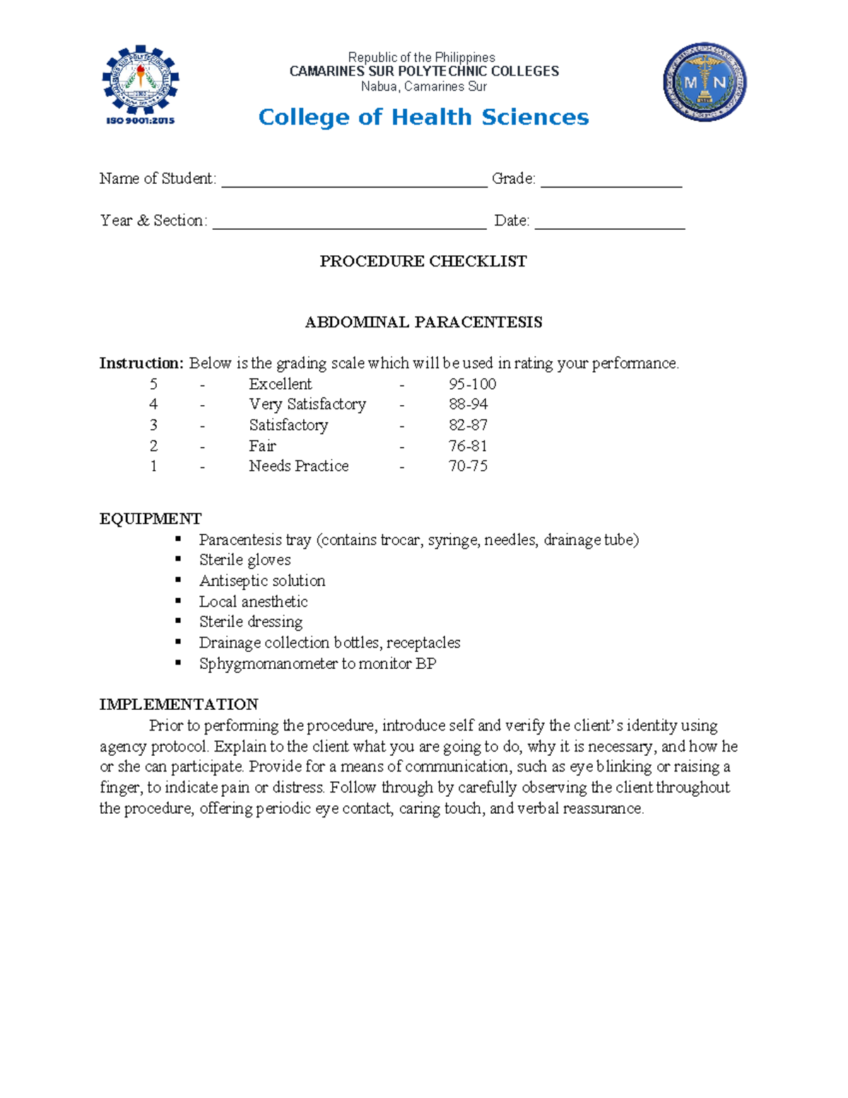 Abdominal- Paracentesis- Checklist - College of Health Sciences ...