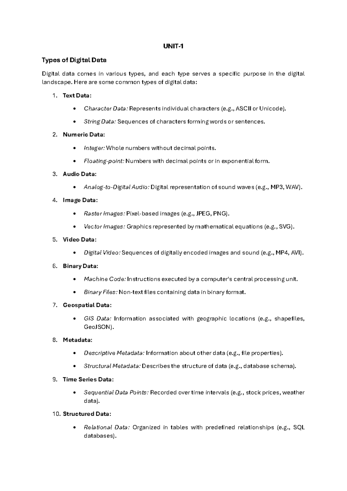 UNIT-1 - First part-UNIT-1 - UNIT- 1 Types of Digital Data Digital data ...