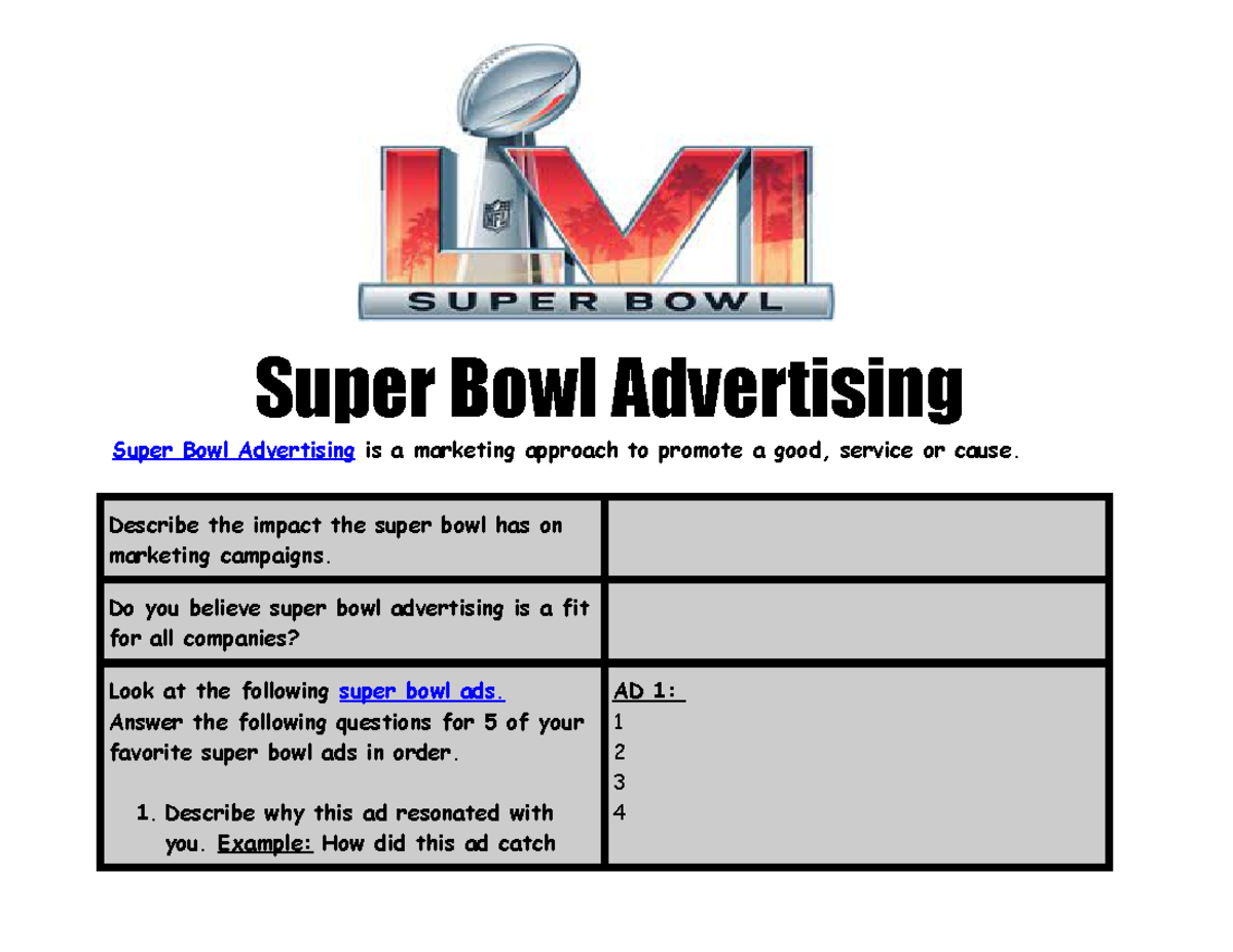 Super Bowl Activity 1 - lol - Super Bowl Advertising Super Bowl ...