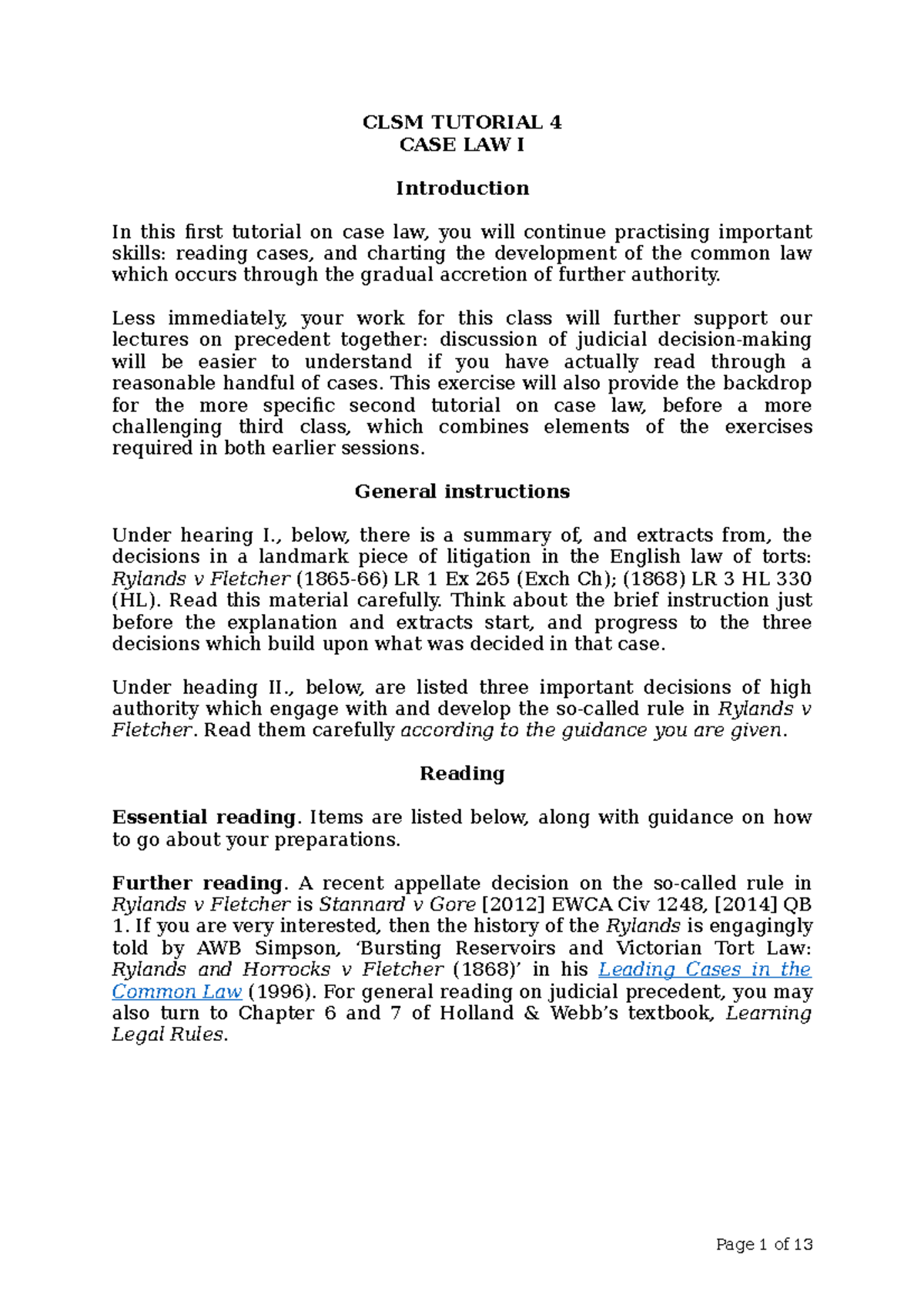 MATC - CLSM - Tut 4 - cases I - CLSM TUTORIAL 4 CASE LAW I Introduction In this first tutorial ...