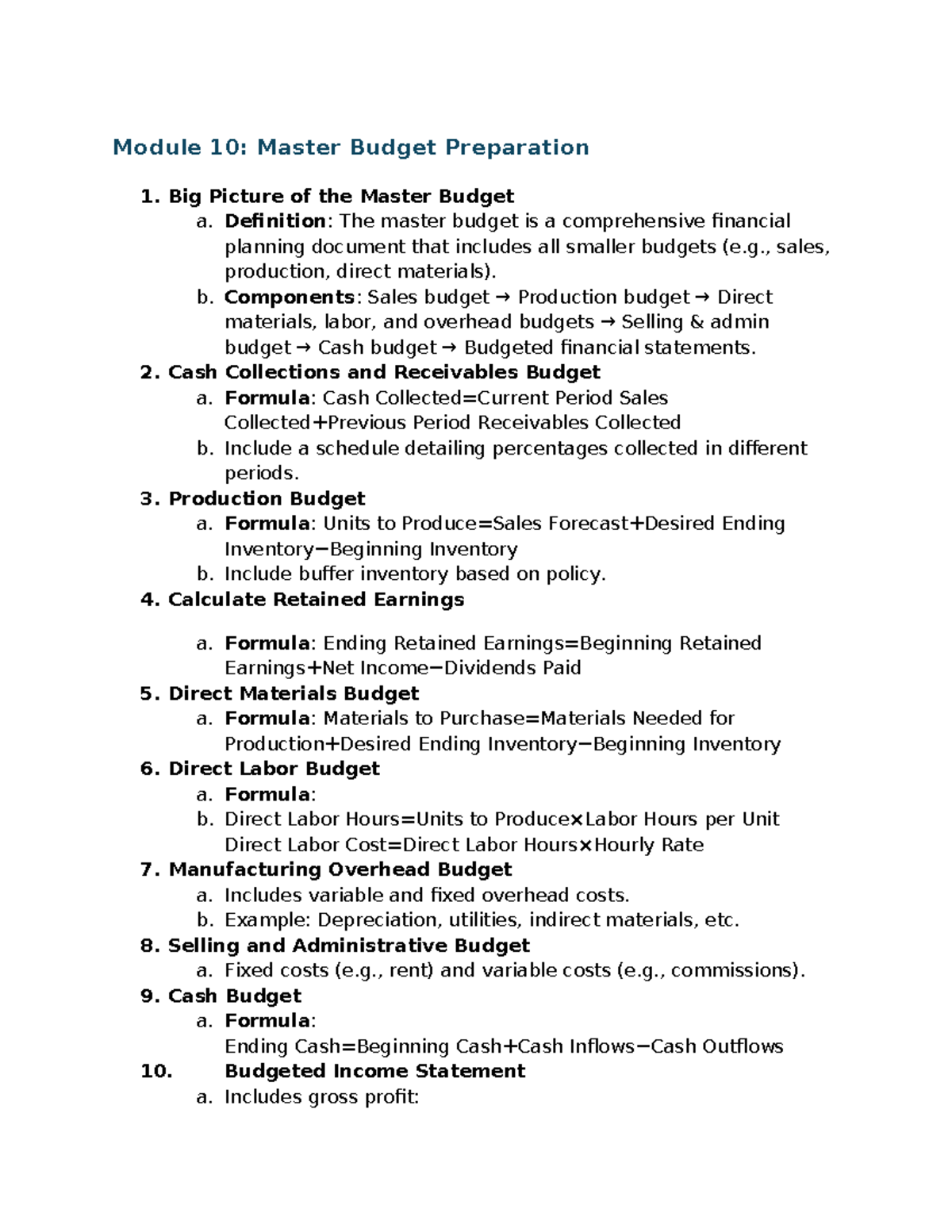 Exam 3 study guide - Module 10: Master Budget Preparation Big Picture ...
