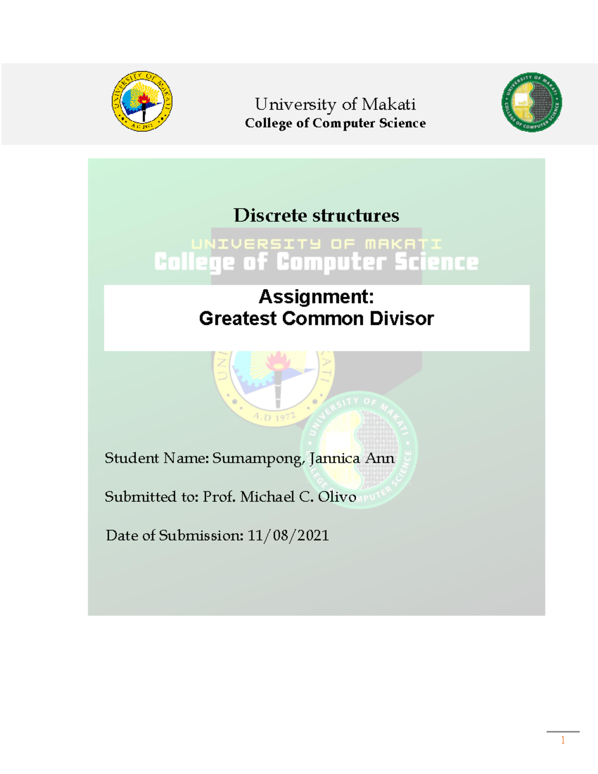 Sumampong Assignment Gcd And Eucledian Algorithm 1 University Of