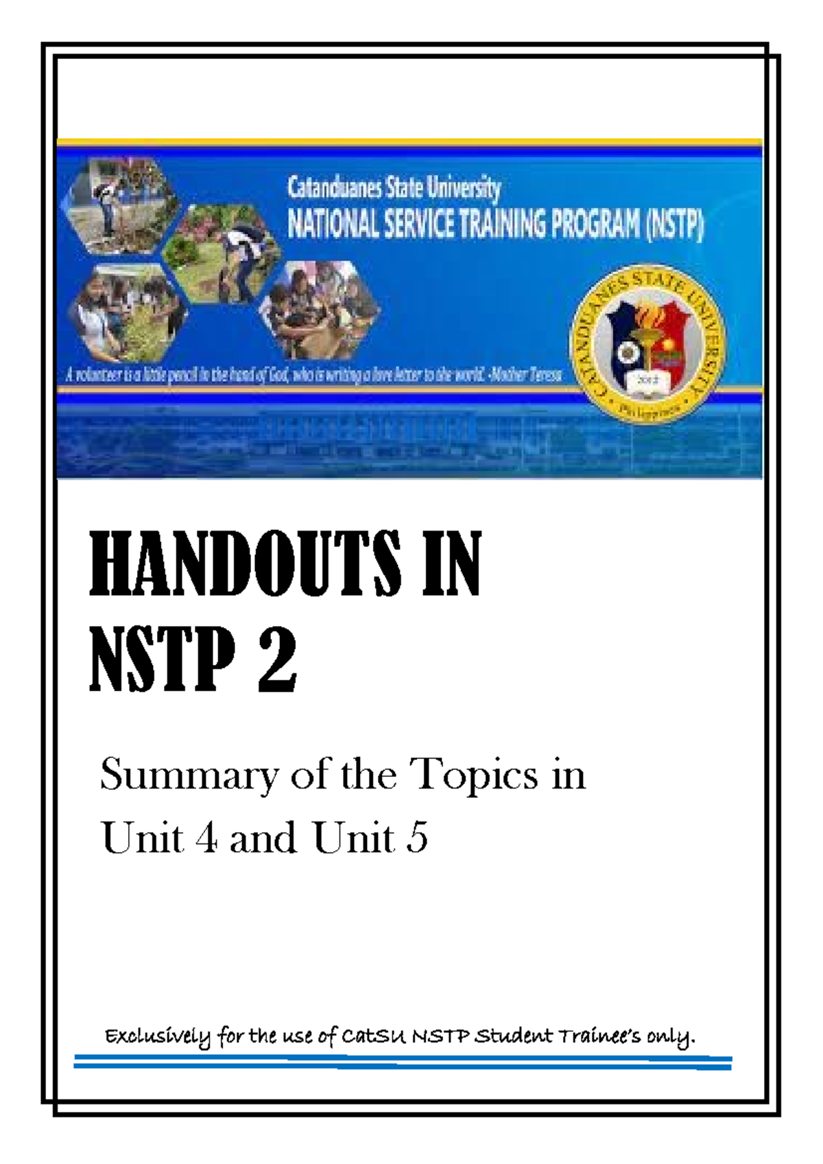 NSTP 2 LMC 4 and 5 - nohing - HANDOUTS IN NSTP 2 Exclusively for the ...