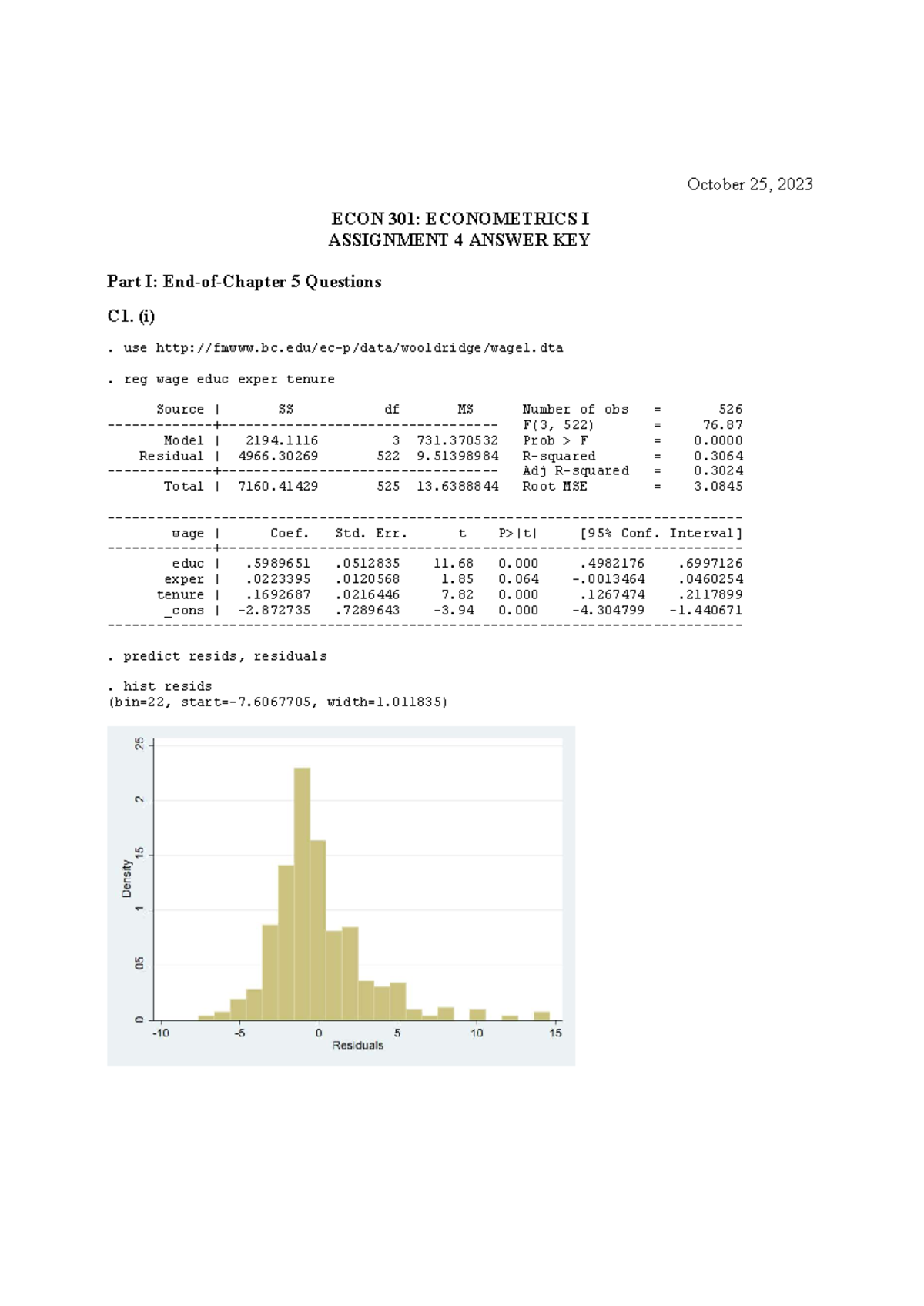Assignment 4 Answer Key 0272bd0c5064c645cad162ae57fca53a - October 25, 2023 ECON 301 ...