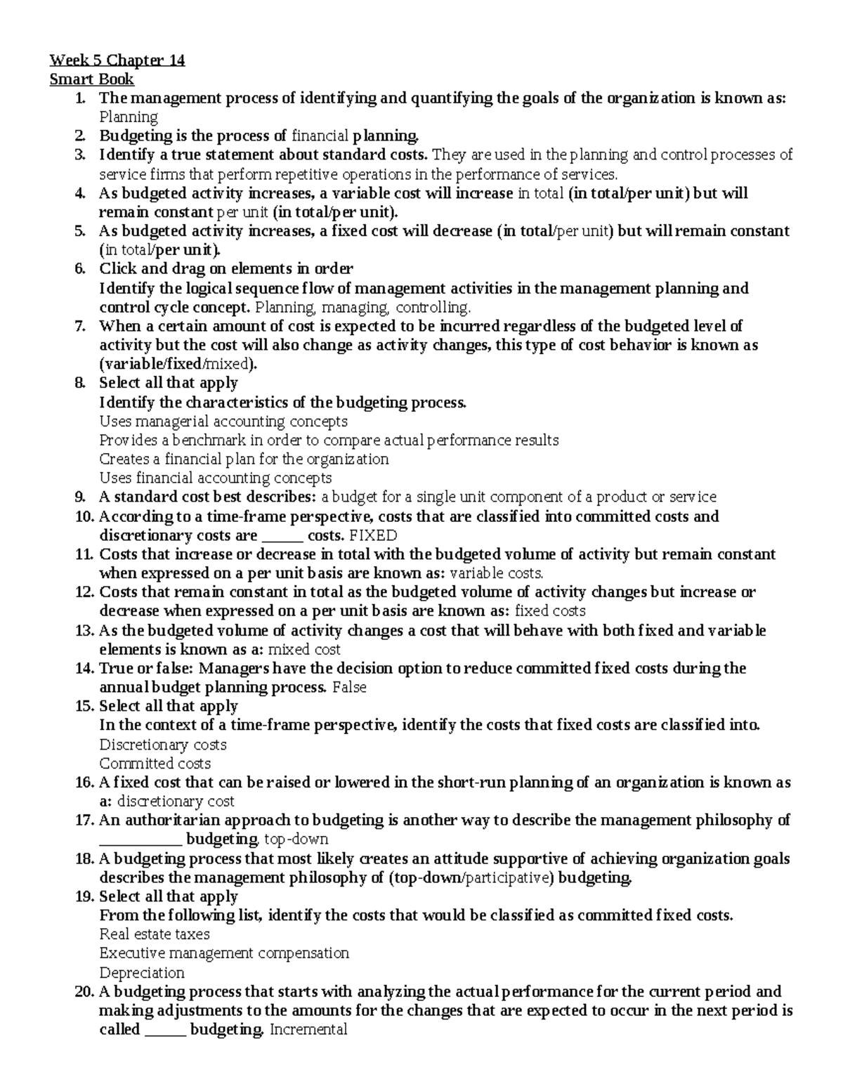 Week 5 Chapter 14 Practice - Week 5 Chapter 14 Smart Book 1. The ...