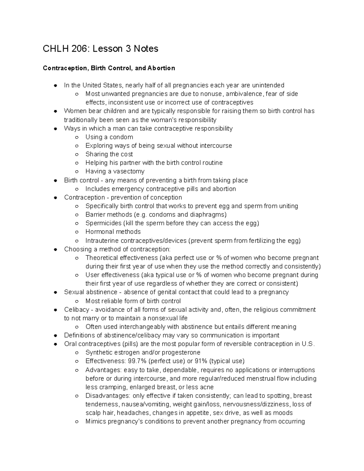 Lesson 3 Notes - CHLH 206: Lesson 3 Notes Contraception, Birth Control ...