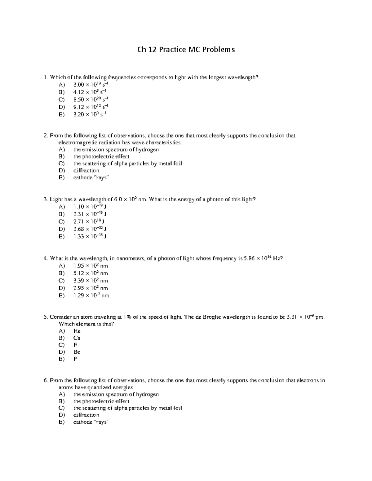 Chem 121 - Chapter 12 practice test with answers - Ch 12 Practice MC ...