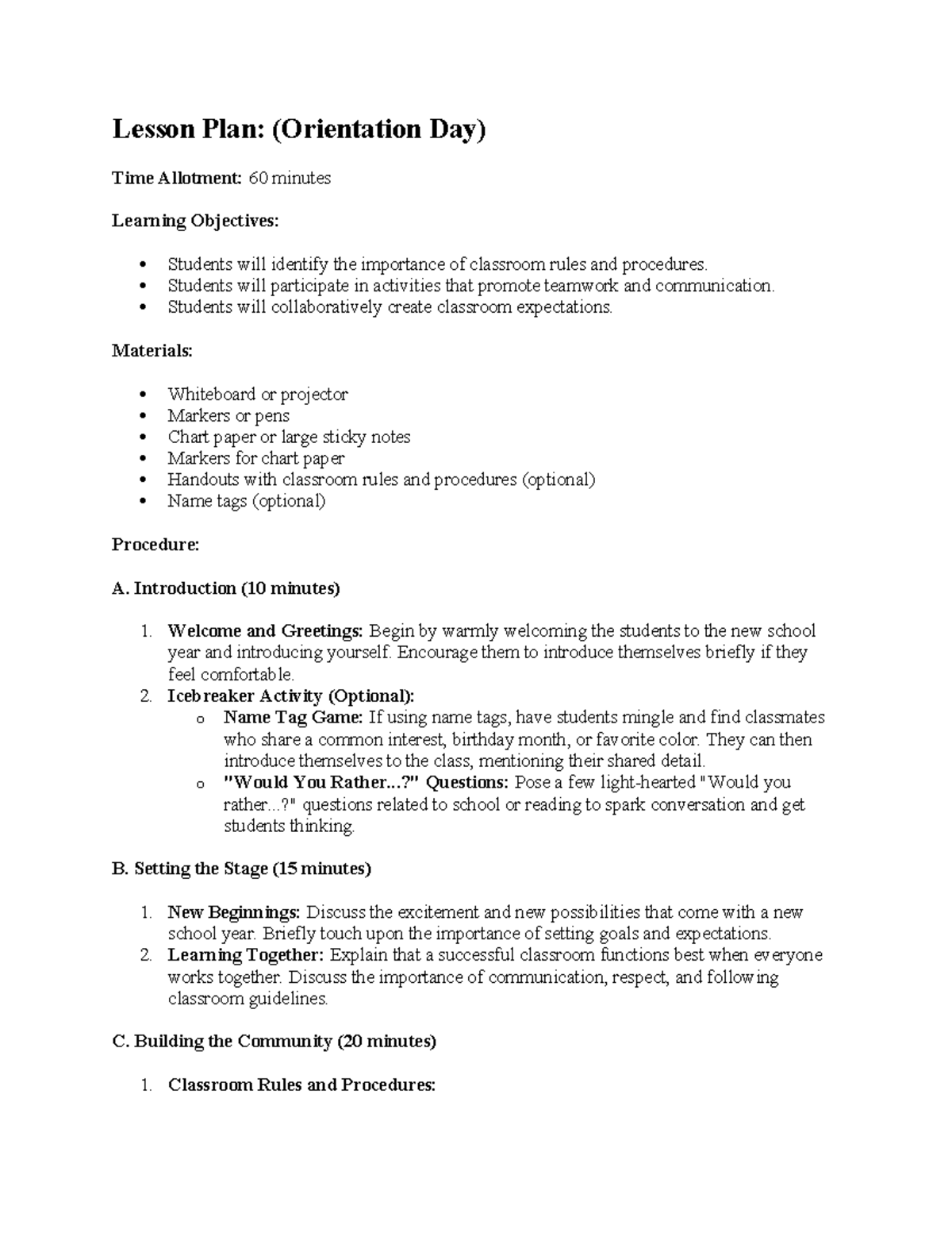 Orientation - TASK - Lesson Plan: (Orientation Day) Time Allotment: 60 ...
