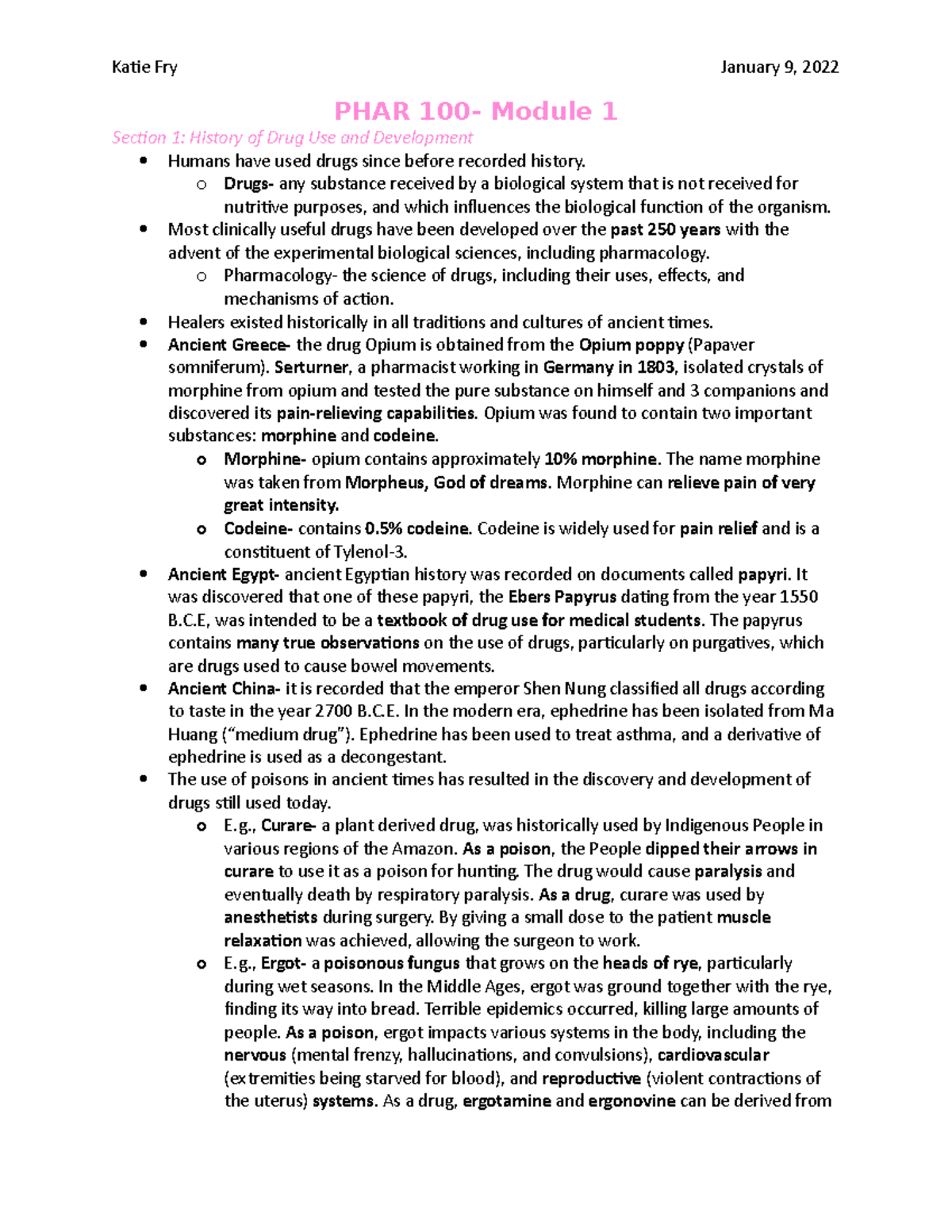 Module 1- PHAR 100 - PHAR 100- Module 1 Section 1: History of Drug Use ...