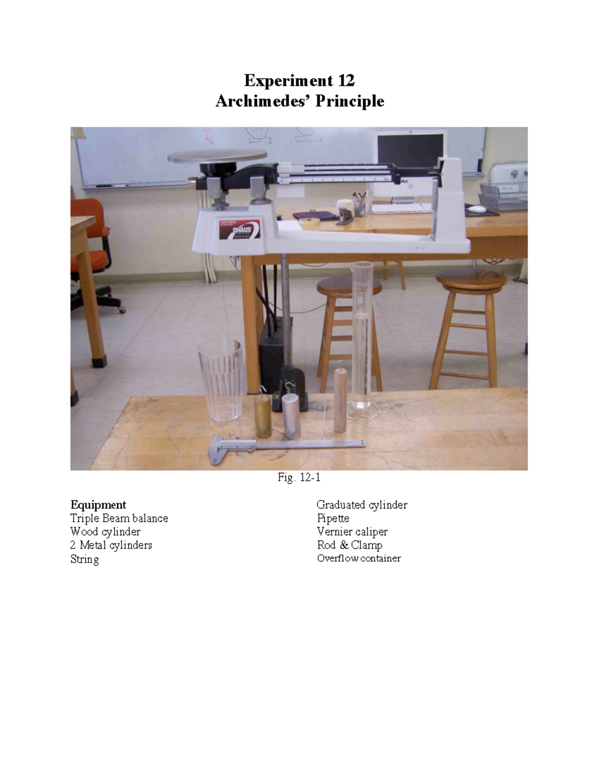 Buoyancy force lab - Bouyancy - Experiment 12 Archimedes’ Principle Fig ...