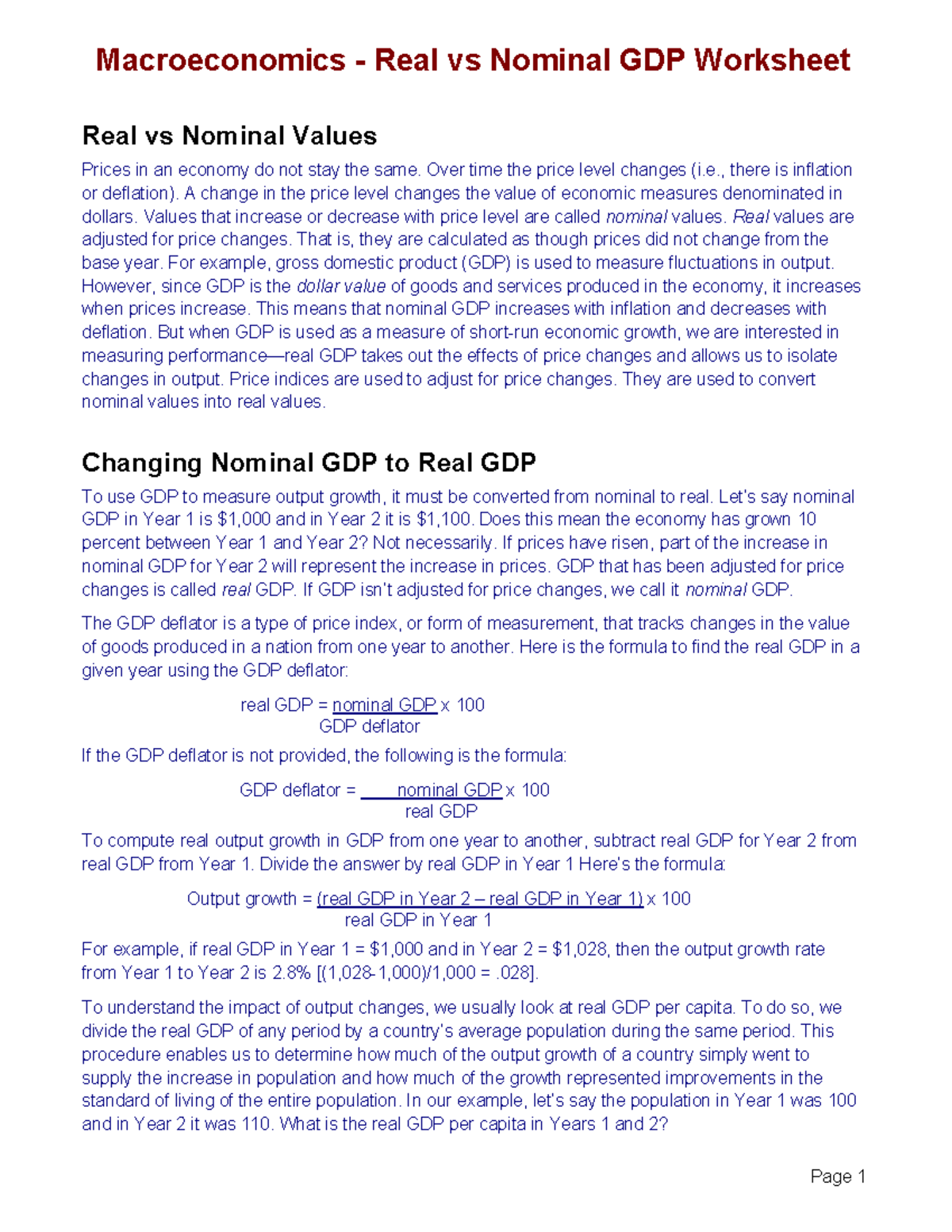 L2.3 RGDP versus NGDP - Macroeconomics - Real vs Nominal GDP Worksheet ...