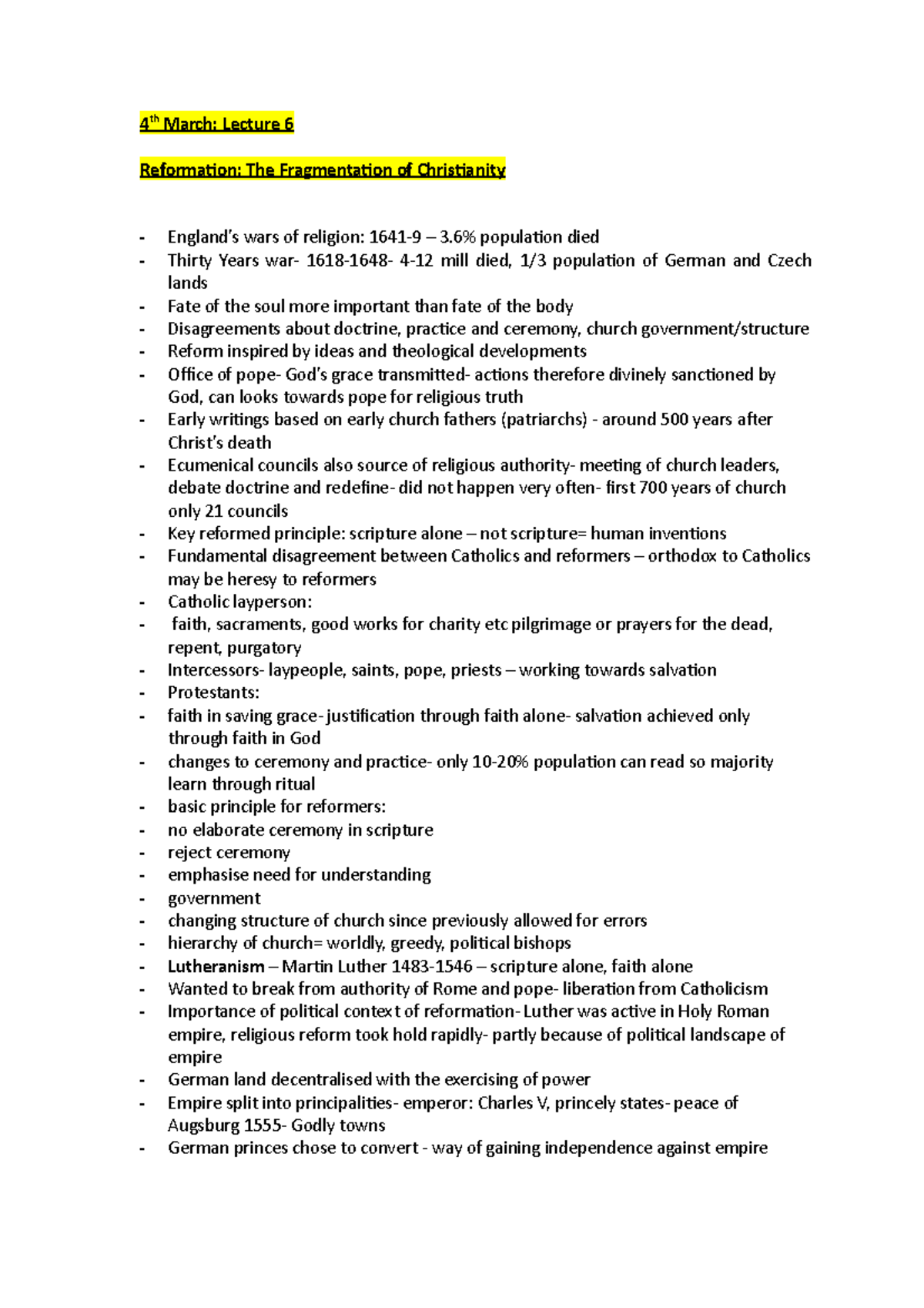 Medieval Lecture 6, Term 2 - 4 th March: Lecture 6 Reformation: The ...