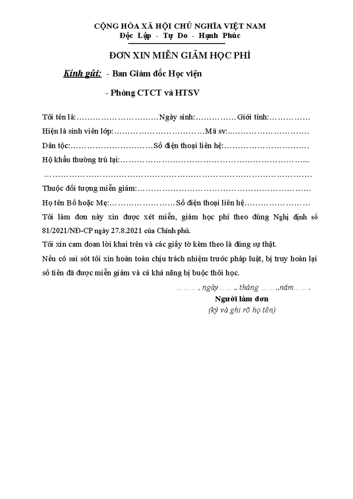 Mẫu đơn miễn giảm học phí - CỘNG HÒA XÃ HỘI CHỦ NGHĨA VIỆT NAM Độc Lập ...