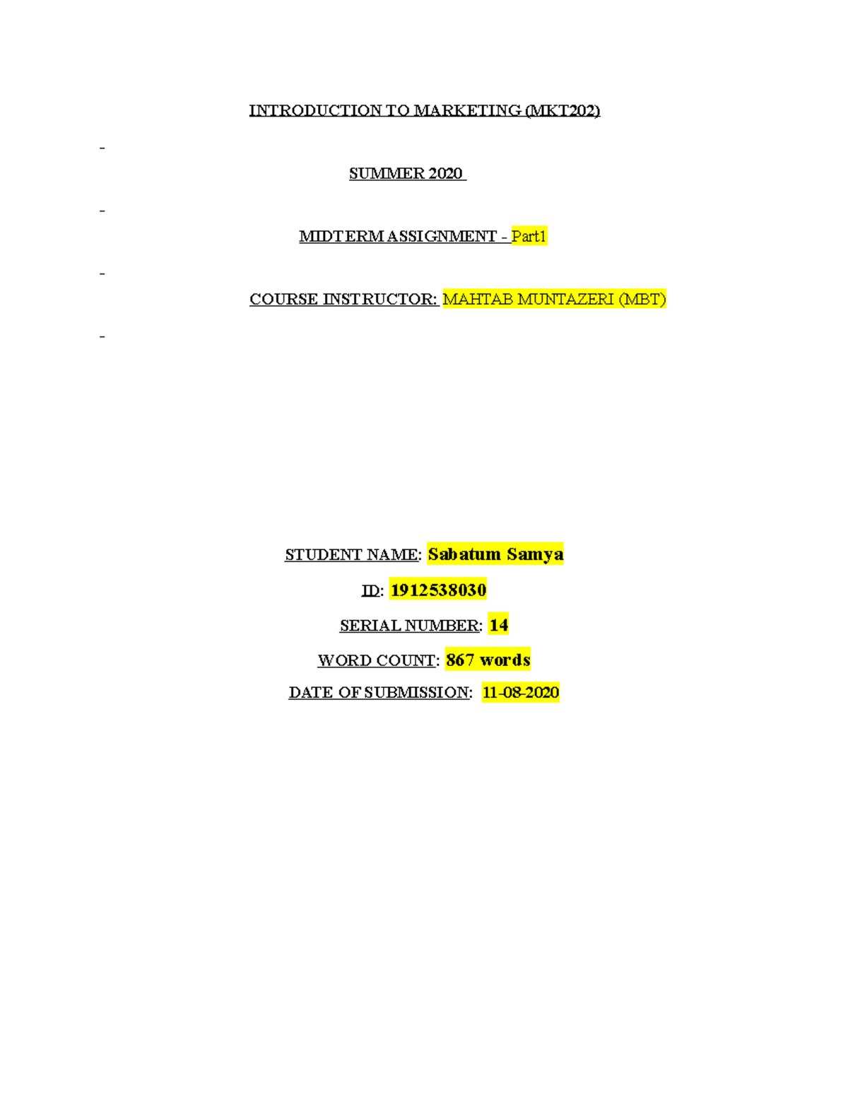 Midterm Assignment 1 - important - INTRODUCTION TO MARKETING (MKT202) SUMMER 2020 MIDTERM ...