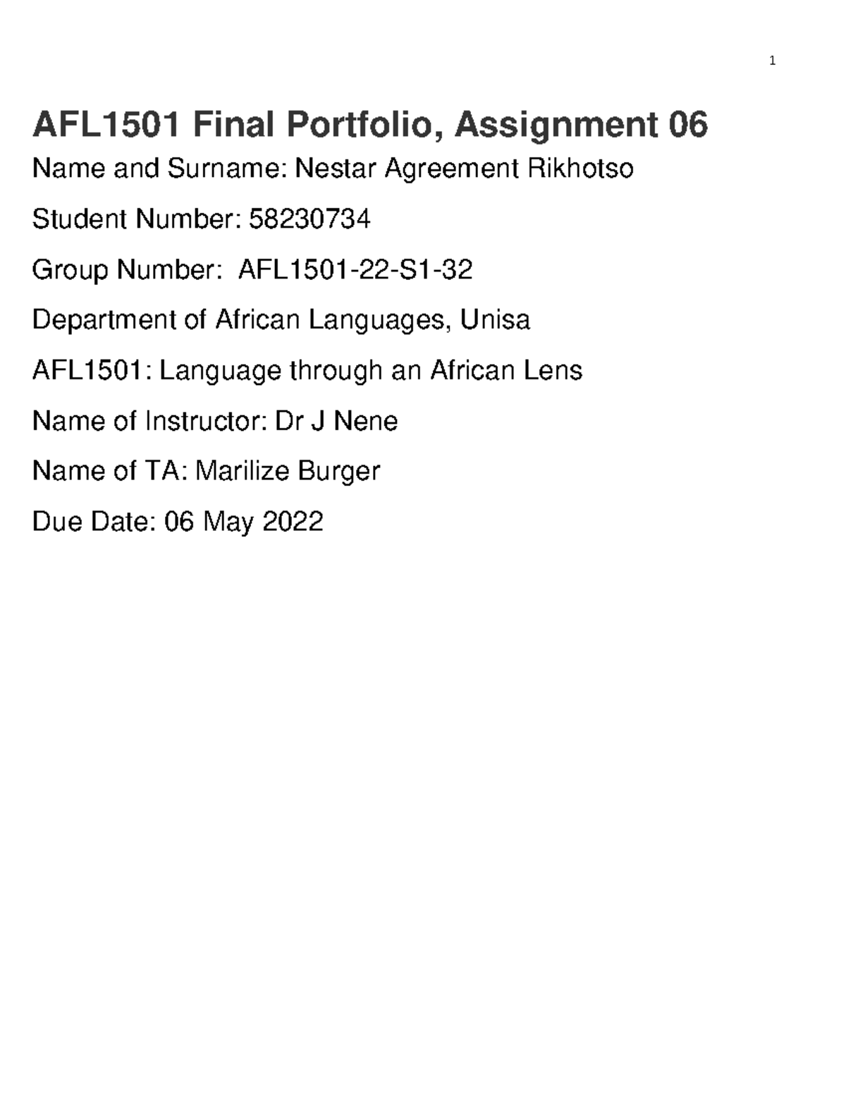 Portforlio - portfolio - AFL1501 Final Portfolio, Assignment 06 Name ...