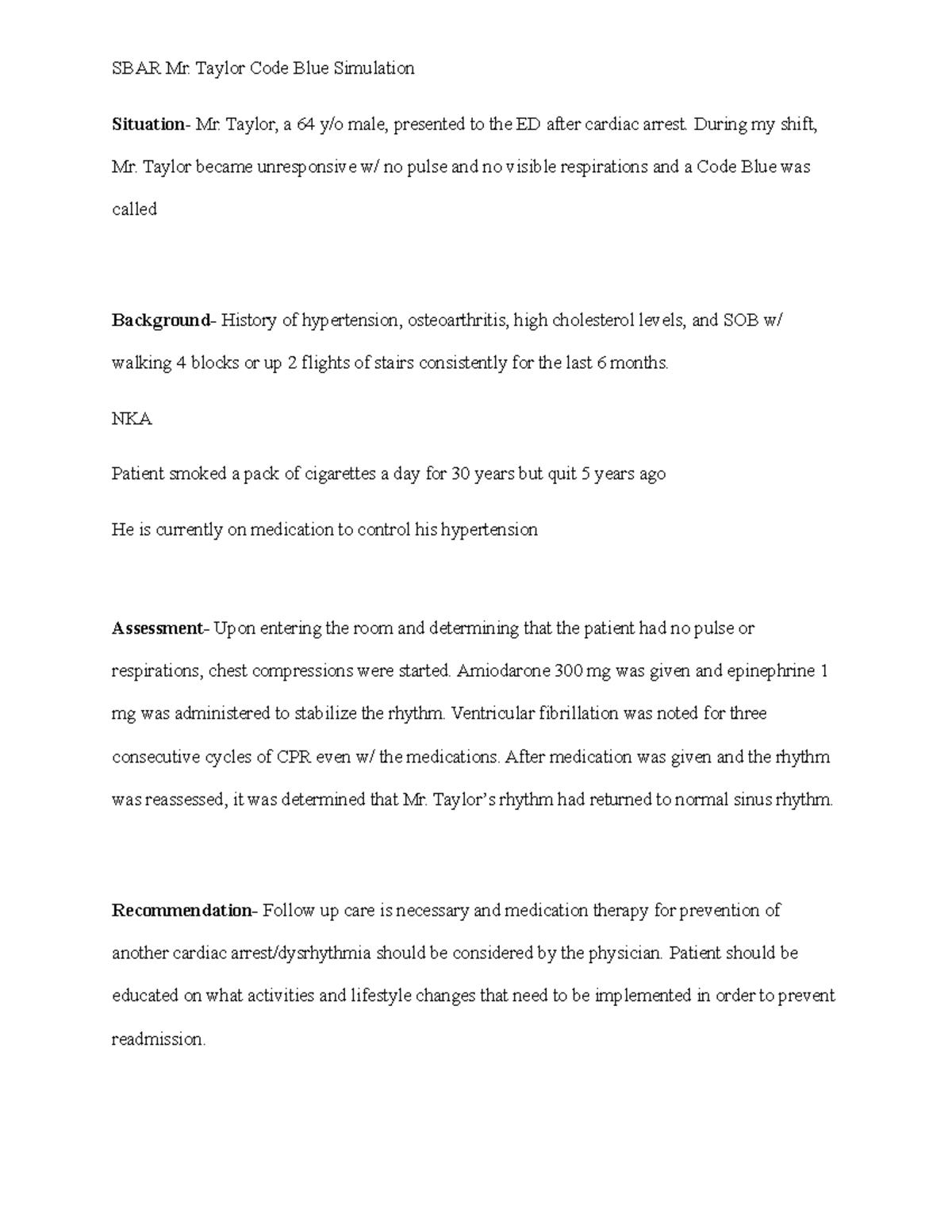 SBAR Code Blue - SBAR completed after the code blue simulation in adult ...
