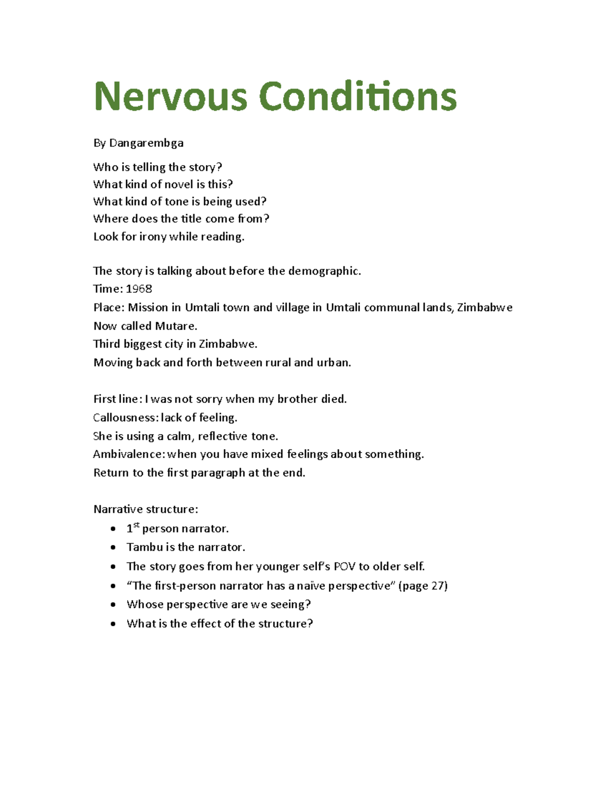 Nervous Conditions - Nervous CondiƟons By Dangarembga Who is telling ...