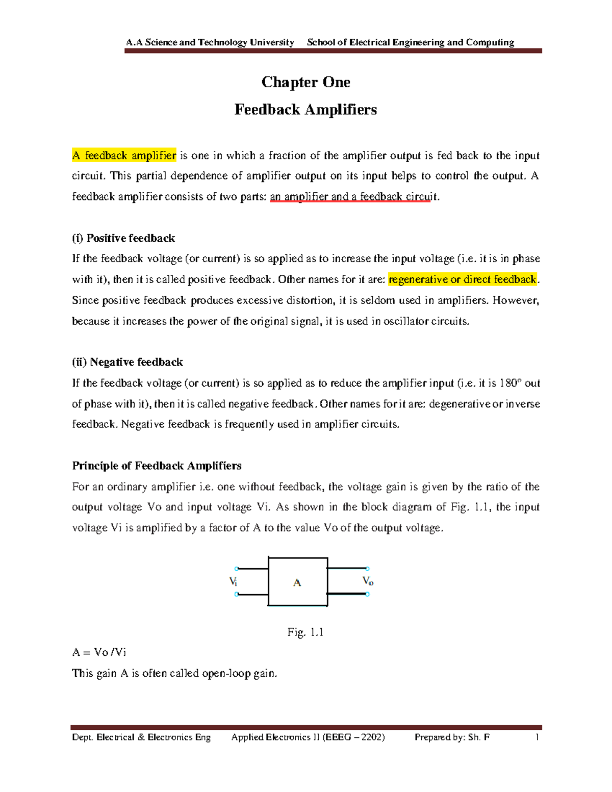 Electronics II Note - electronis - Chapter One Feedback Amplifiers A ...