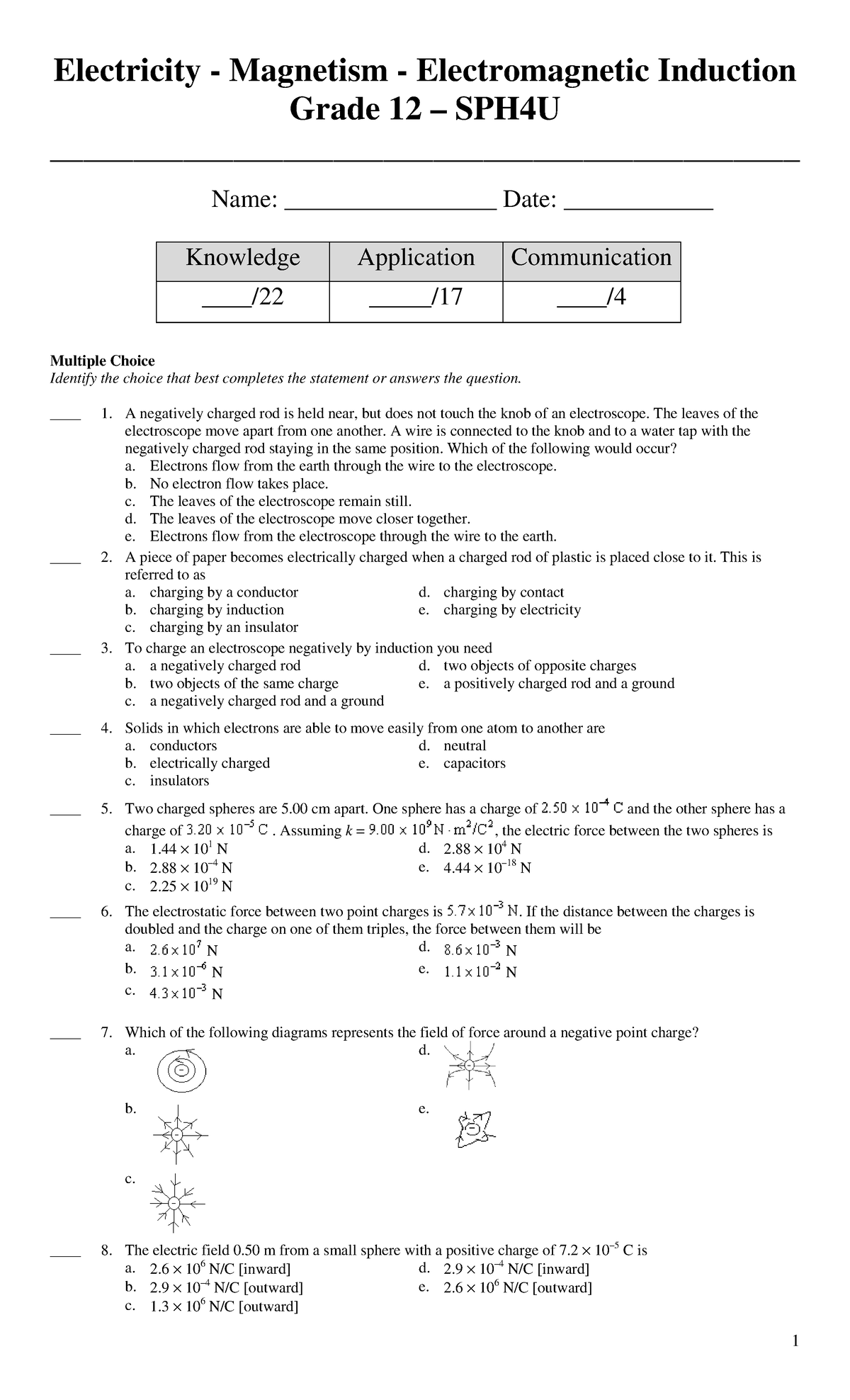 Electricity-Magnetism Test - SPH4U - Grade 12 – SPH4U