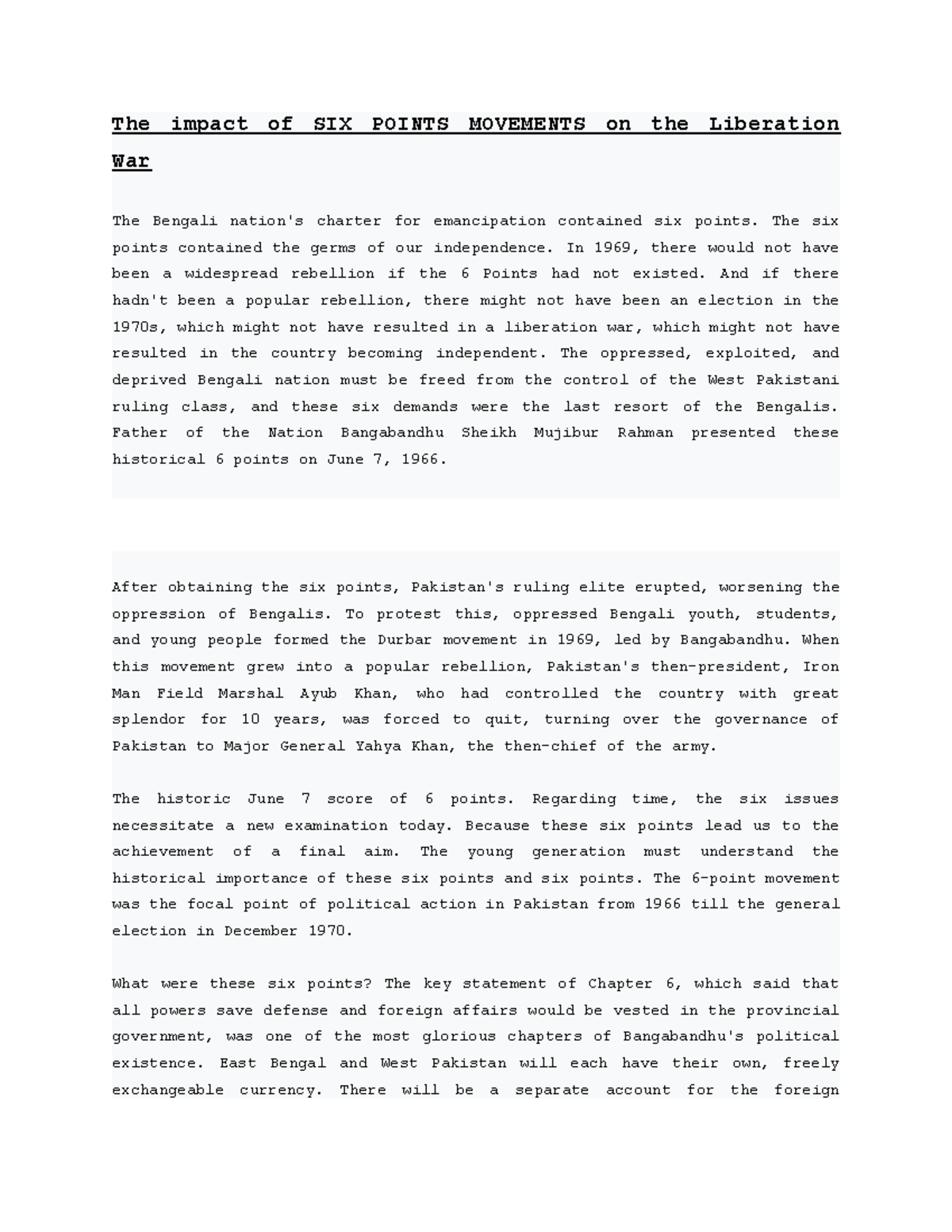 6 points - The impact of SIX POINTS MOVEMENTS on the Liberation War The ...