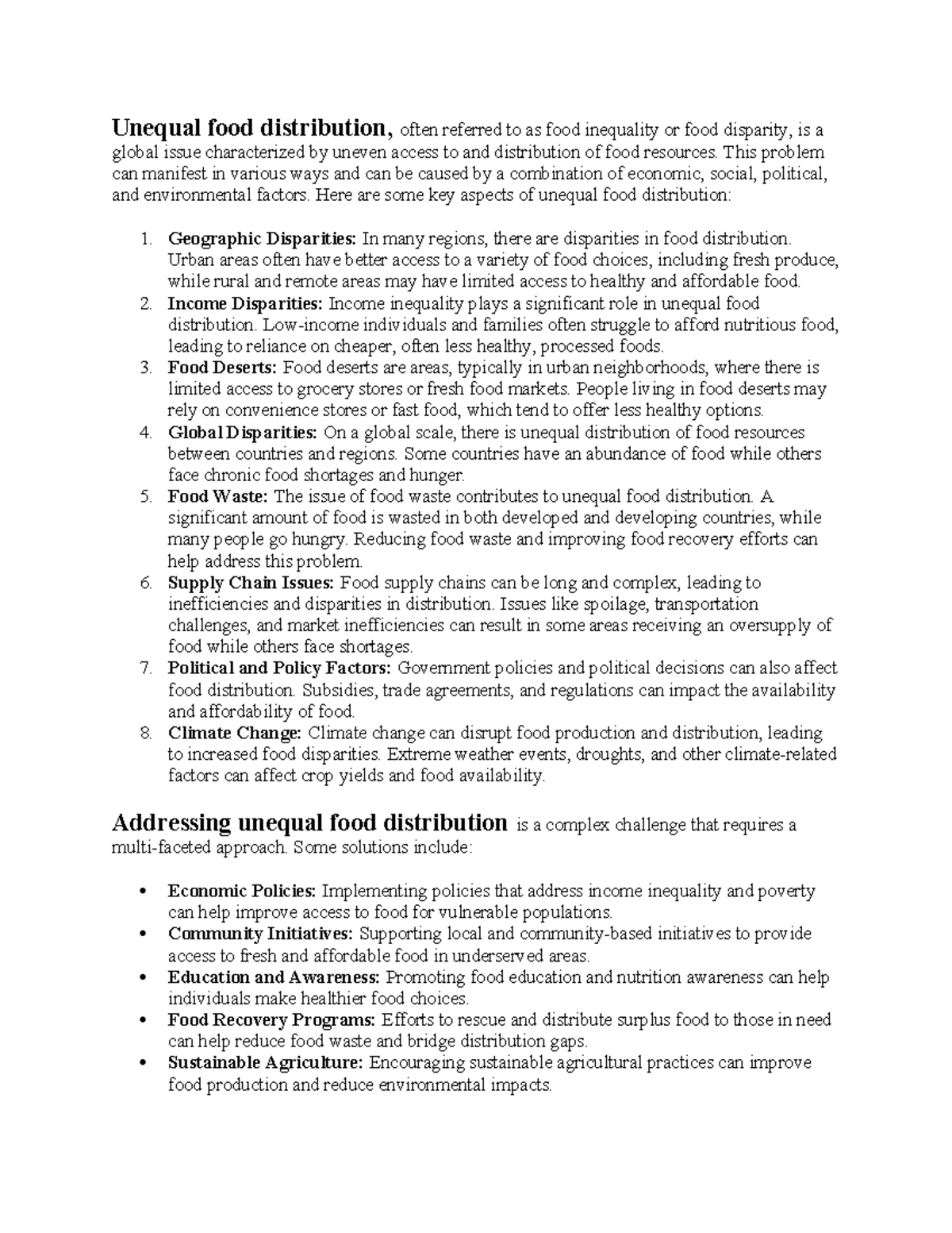 Unequal food distribution - This problem can manifest in various ways ...