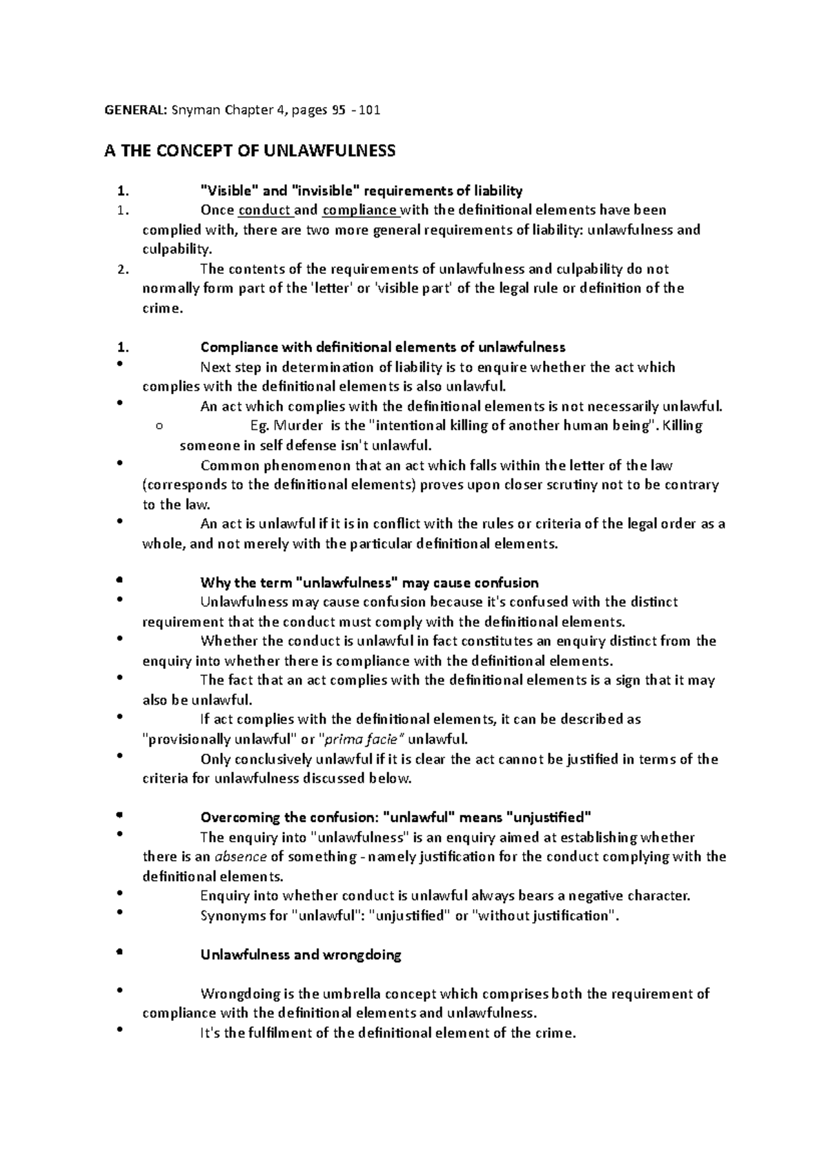 Grounds of Justification - GENERAL: Snyman Chapter 4, pages 95 - 101 A ...