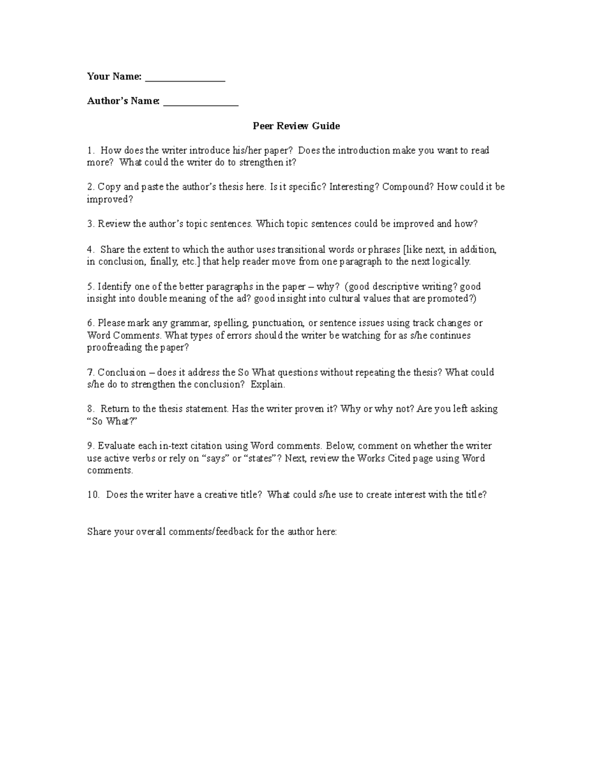 Peer Review Guide Ad Analysis Essay - Your Name: _______________ Author ...