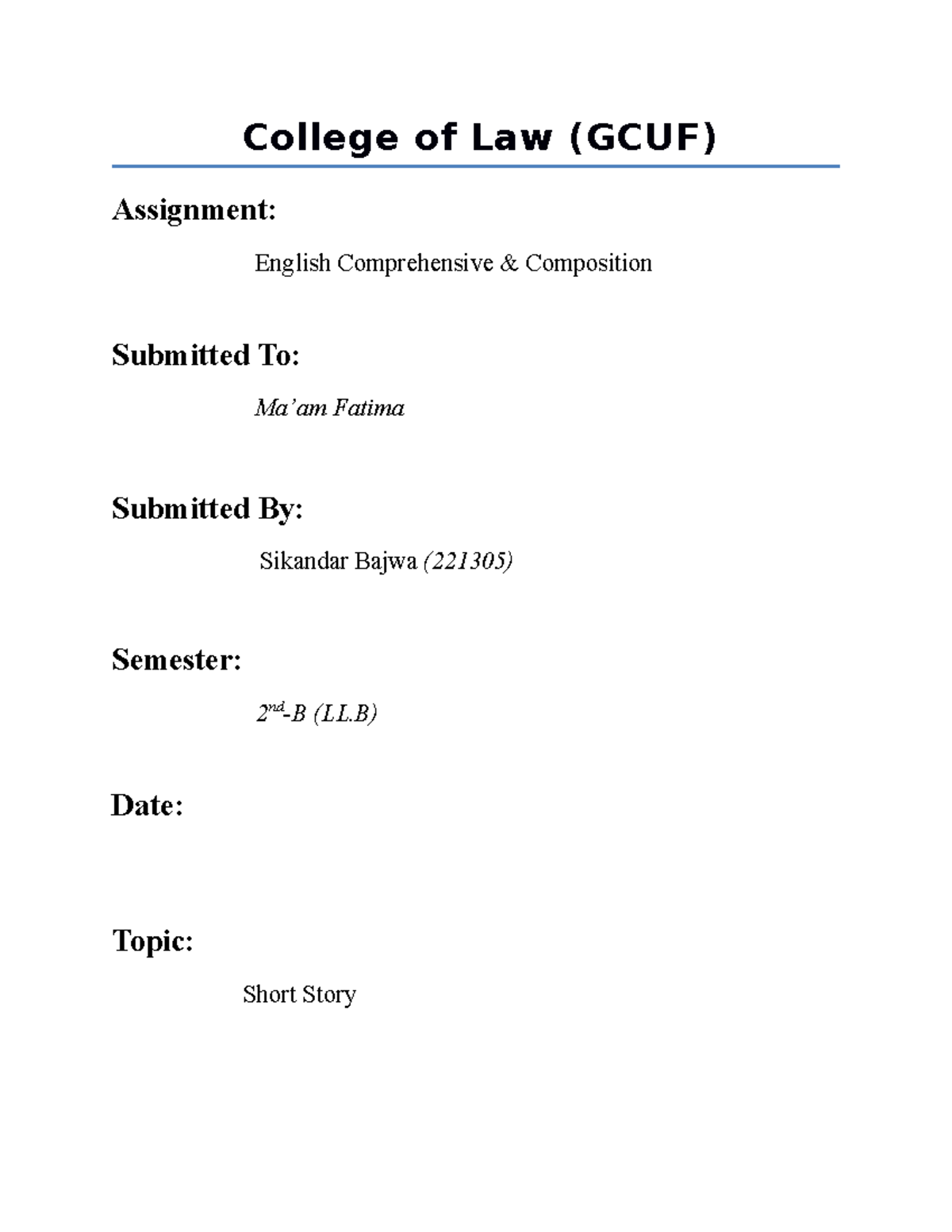Short Story - Information for students - College of Law (GCUF ...