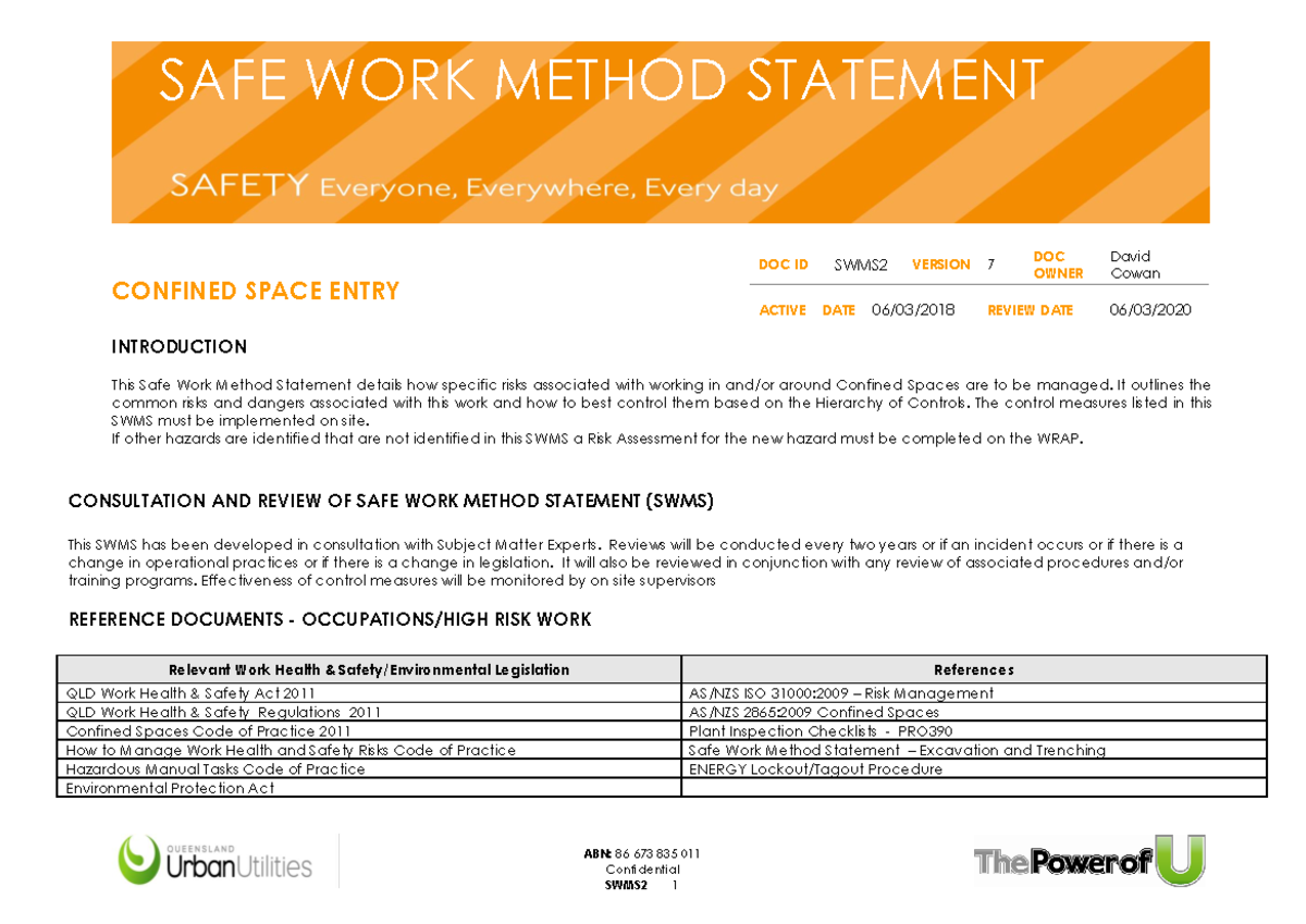 SWMS2 Confined Space Entry - ABN: 86 673 835 011 Confidential SAFE WORK ...