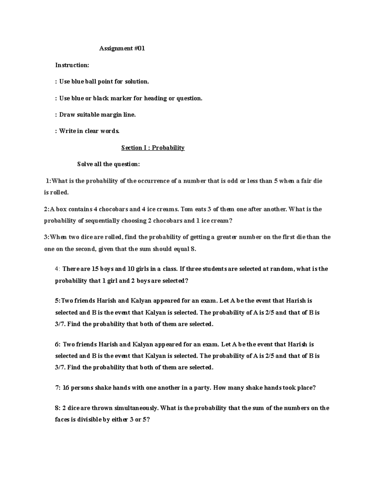 Assignment #01 - Question for practice - Assignment # Instruction: : Use blue ball point for ...