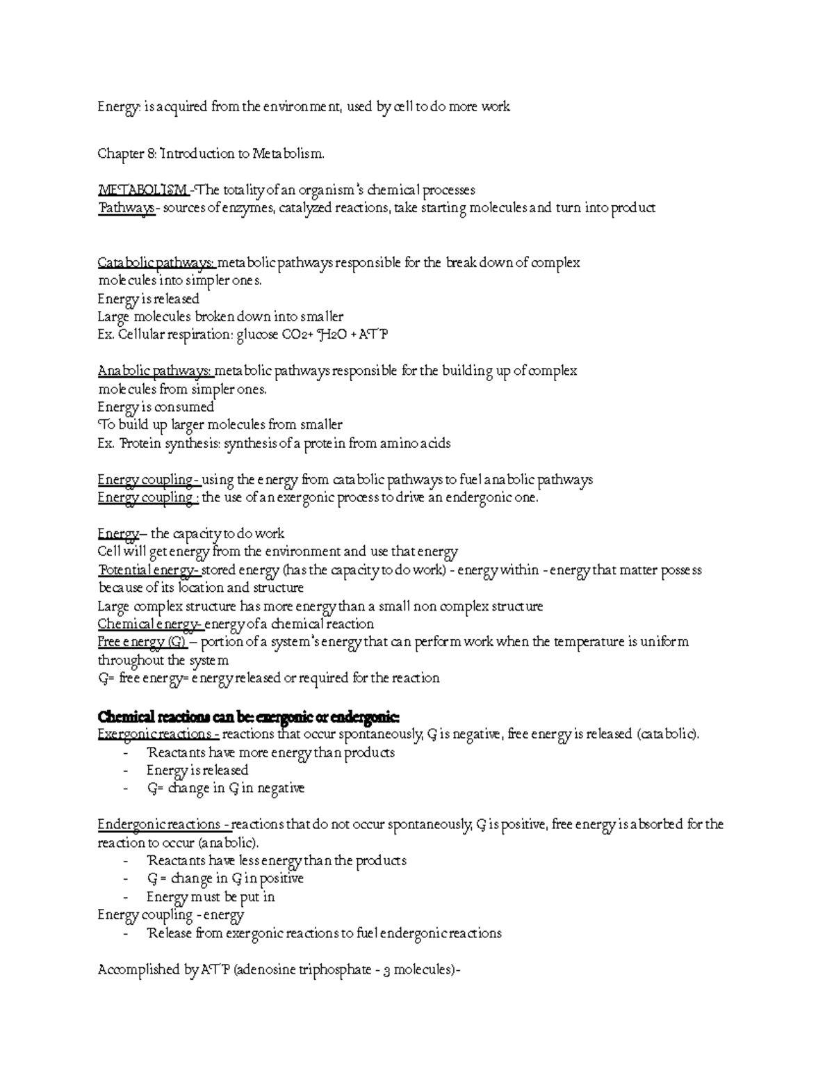 Biology 101 Chapter 8 notes - Energy: is acquired from the environment ...