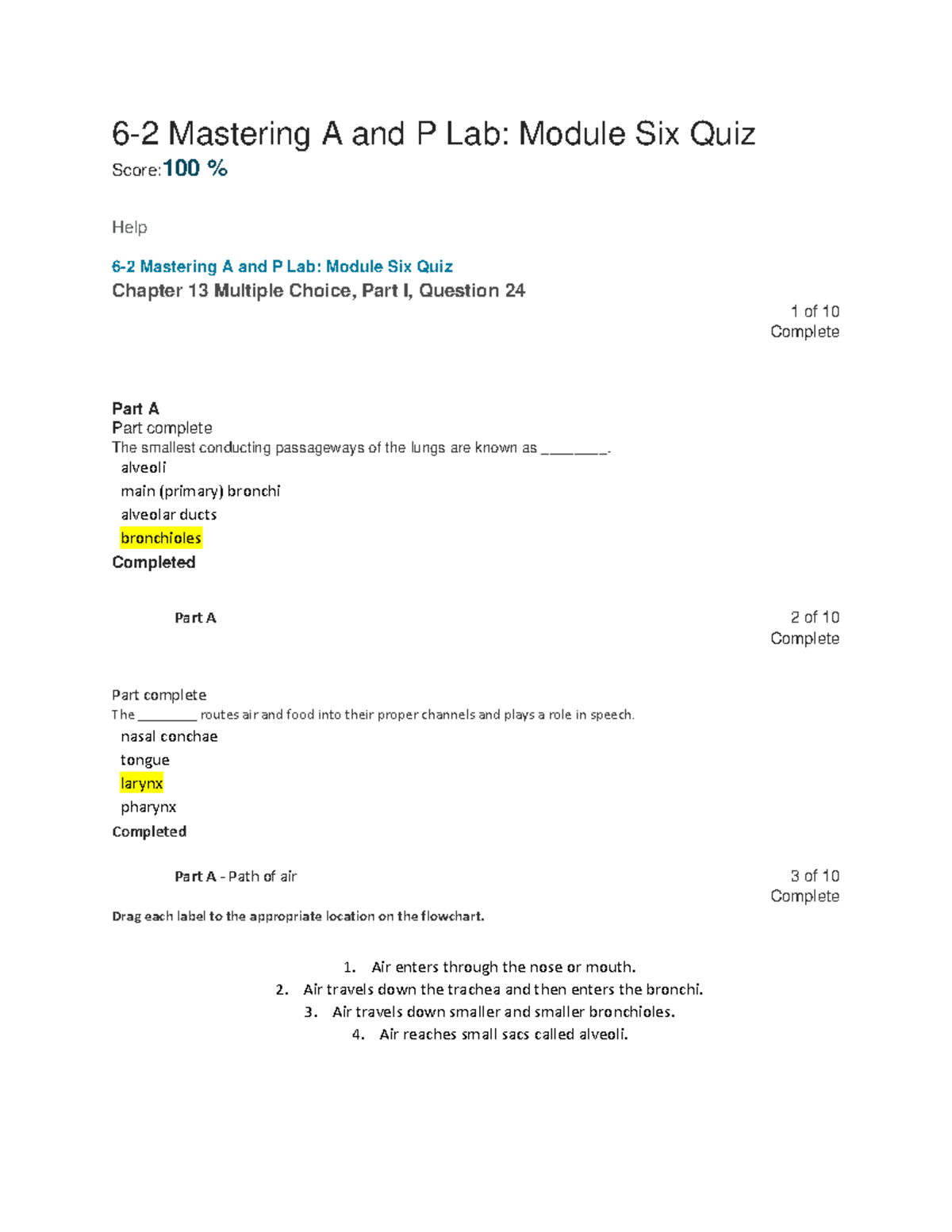 6-2 Mastering A and P Lab Module Six Quiz - 6-2 Mastering A and P Lab: Module Six Quiz Score:100 ...