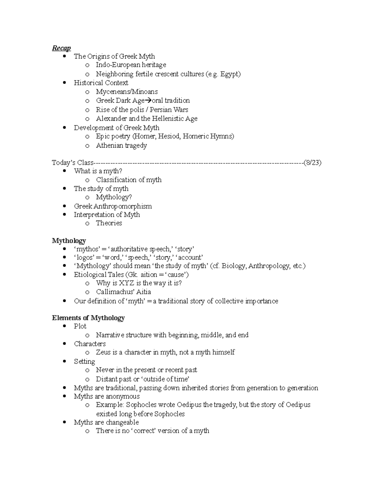 Greek myth Class 2 - Lecture notes 2 - Recap The Origins of Greek Myth ...