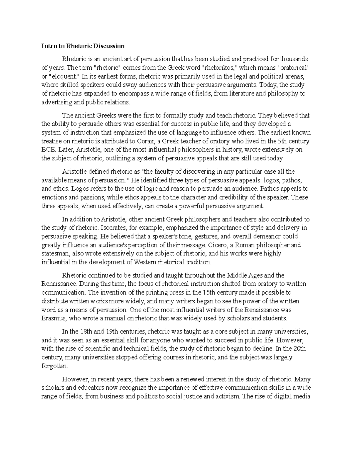 Intro to Rhetoric Discussion - Intro to Rhetoric Discussion Rhetoric is ...