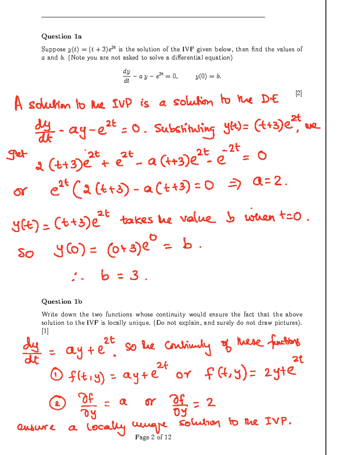 Memo ST1 256 2024 - Question 1a Suppose y(t) = (t + 3)e 2 t is the ...