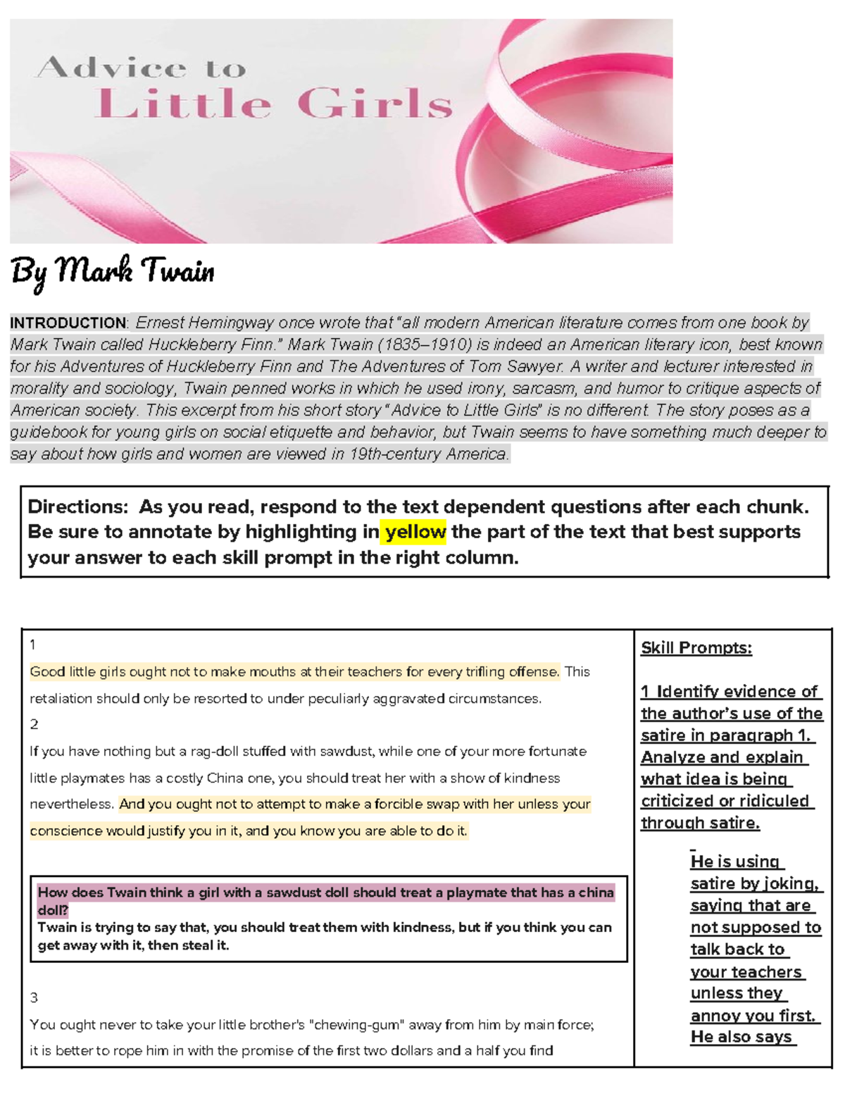 Close Read Advice to Little Girls - By Mark Twain INTRODUCTION: Ernest ...