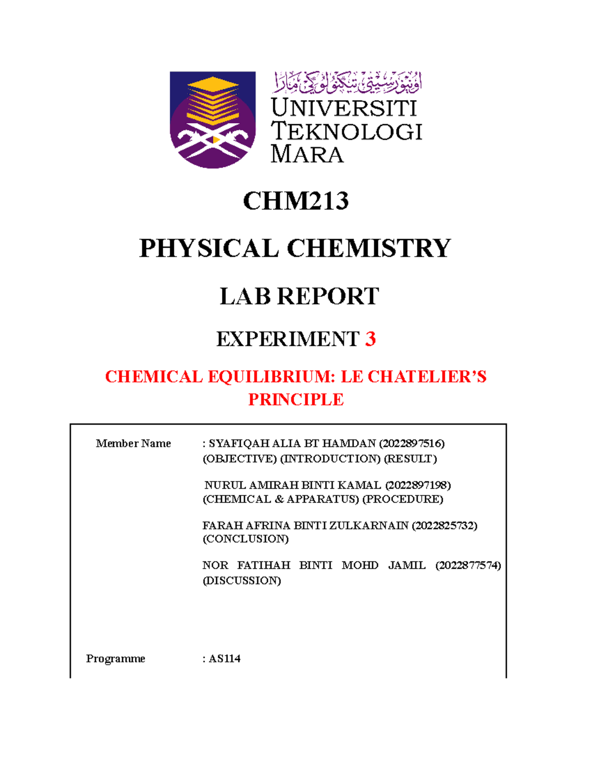 Experiment 3 - lab report - CHM PHYSICAL CHEMISTRY LAB REPORT ...