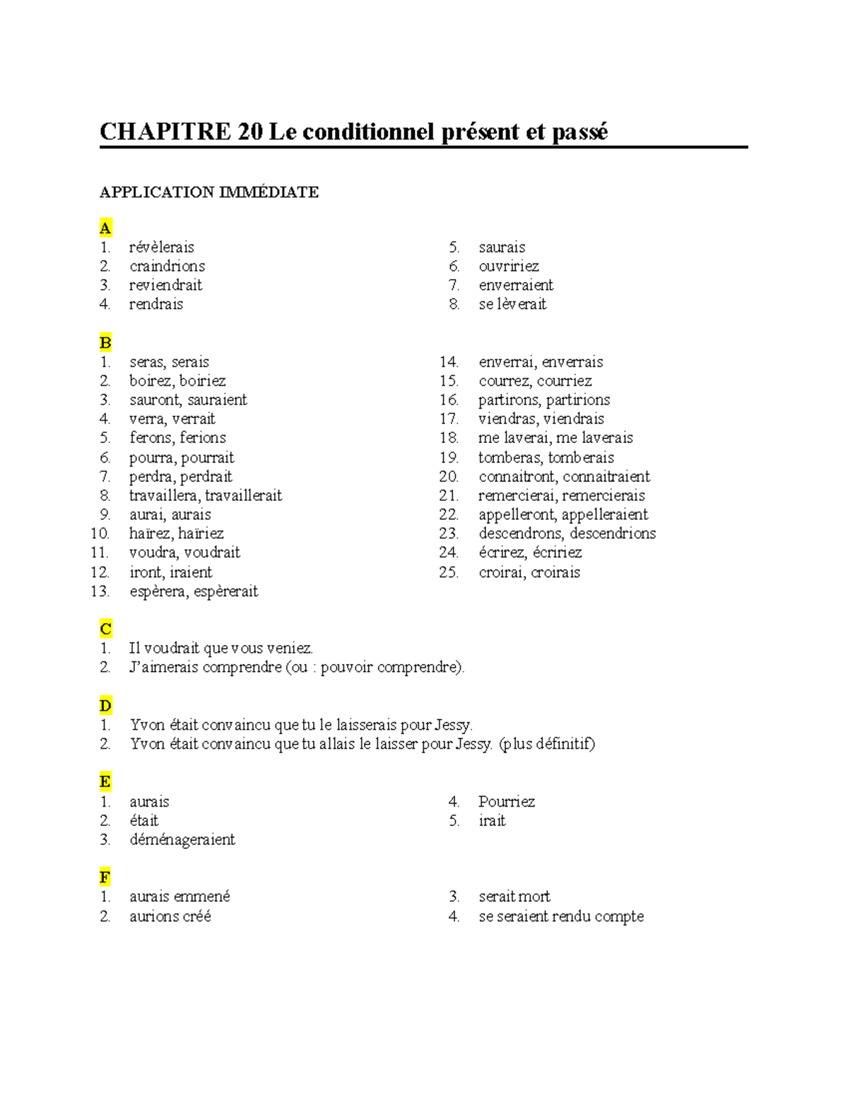 Corrigé - Conditionnel présent et passé - CHAPITRE 20 Le conditionnel ...