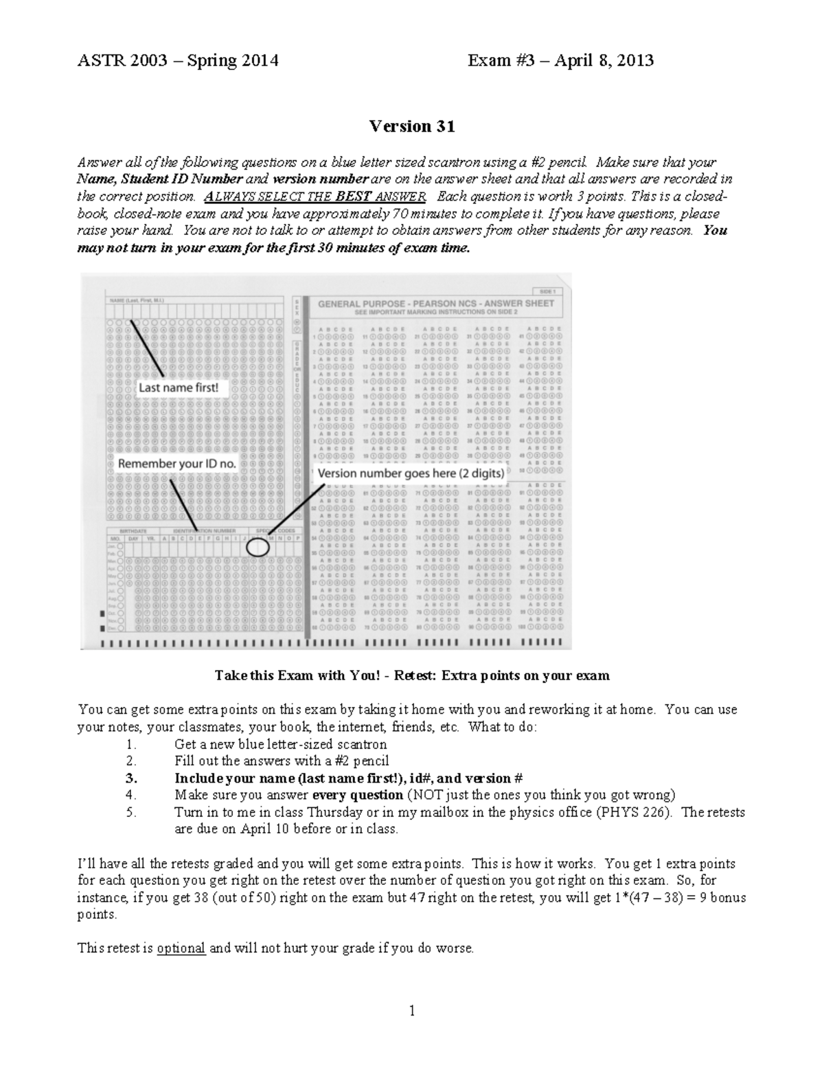 Astro Exam 3 practice test - ASTR 2003 Spring 2014 Exam April 8, 2013 ...