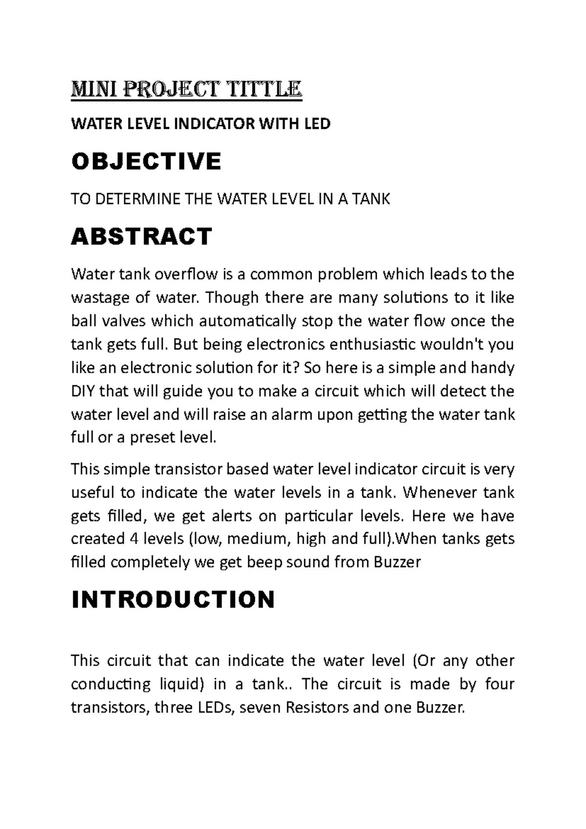 PPS MINI PROJECT - MINI PROJECT TITTLE WATER LEVEL INDICATOR WITH LED ...