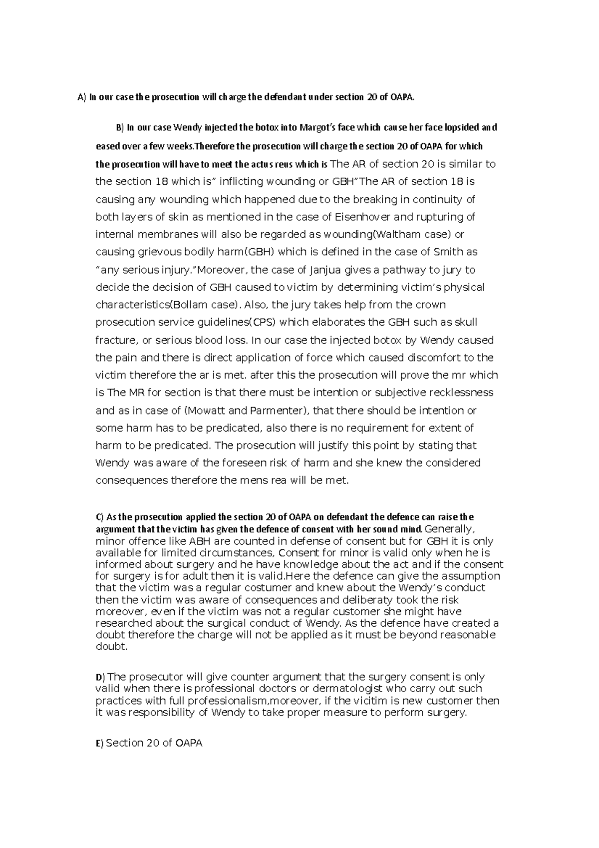 Oapa part a - offence agaisnt person act - A) In our case the ...