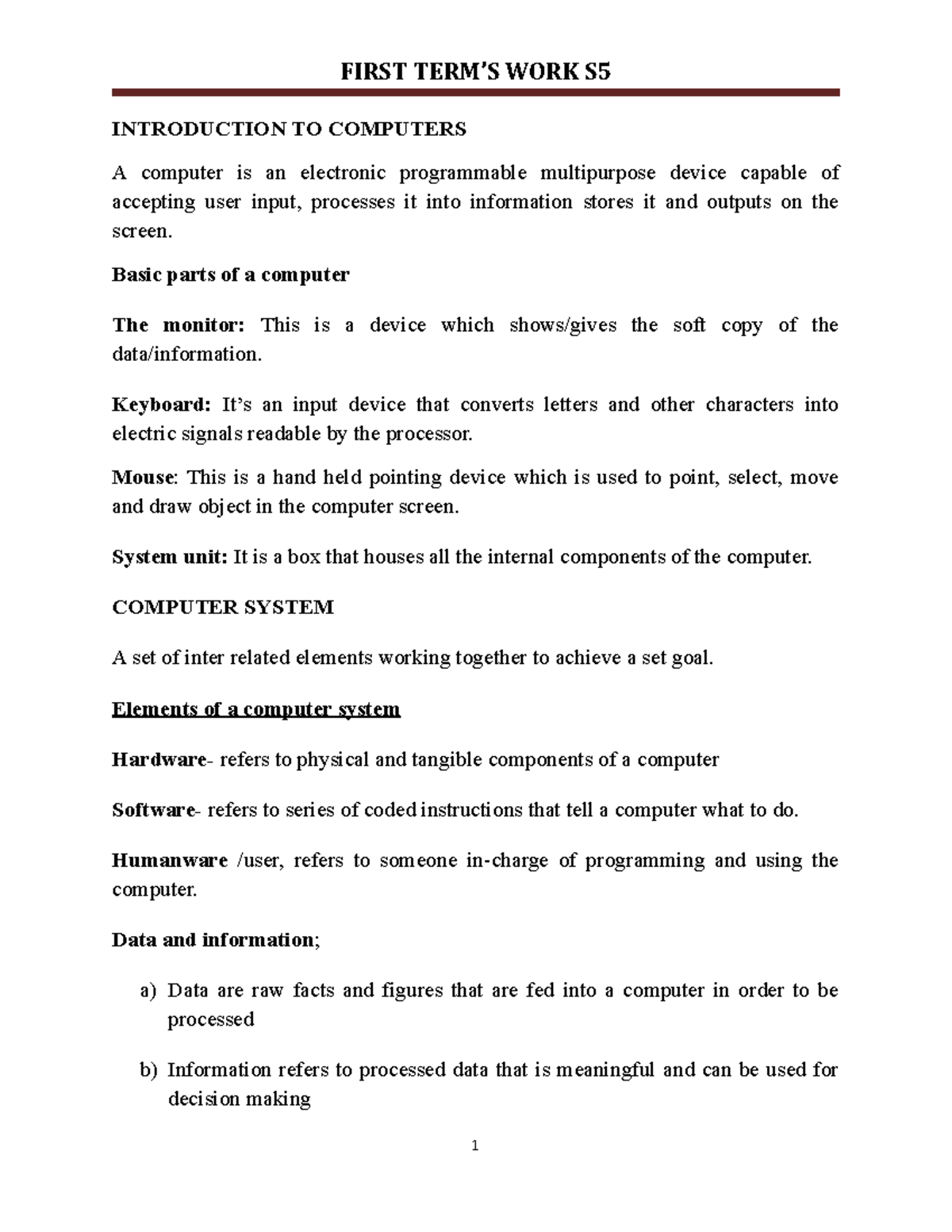 Ict-notes - INTRODUCTION TO COMPUTERS A computer is an electronic ...