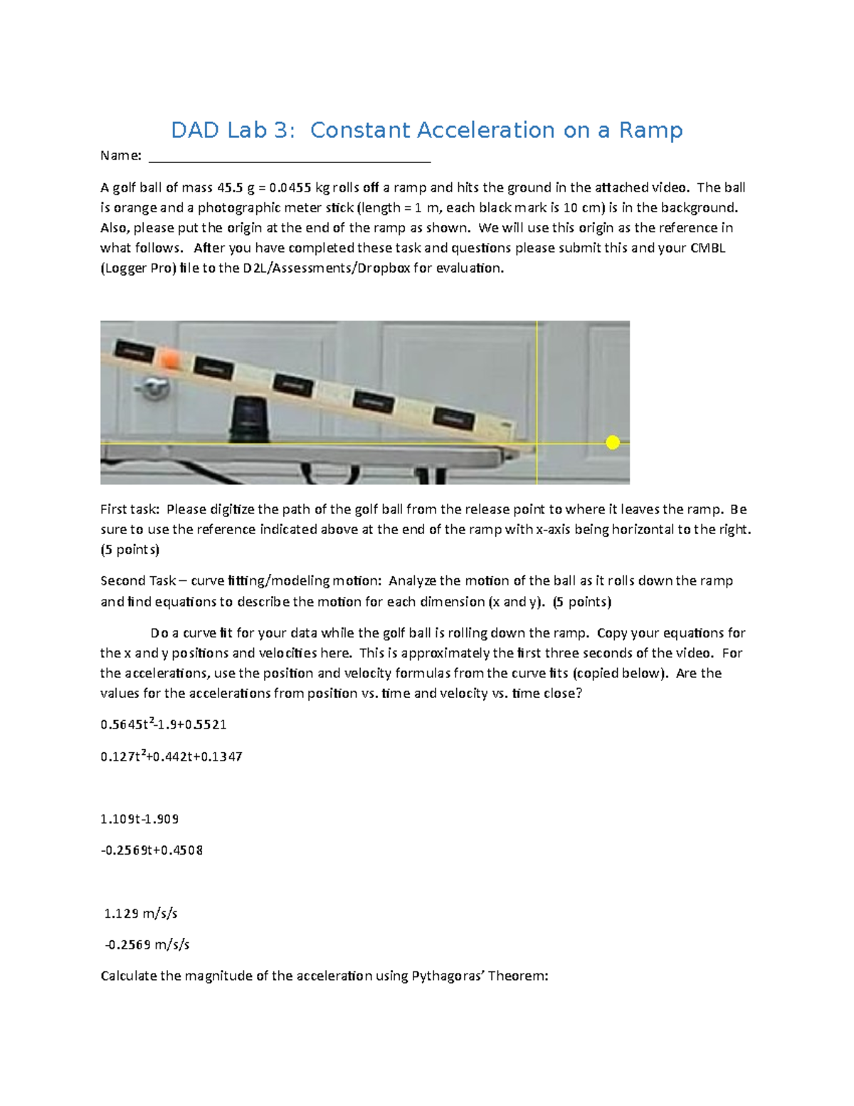 DAD Lab 3 2D constant acceleration down ramp Revised - DAD Lab 3 ...