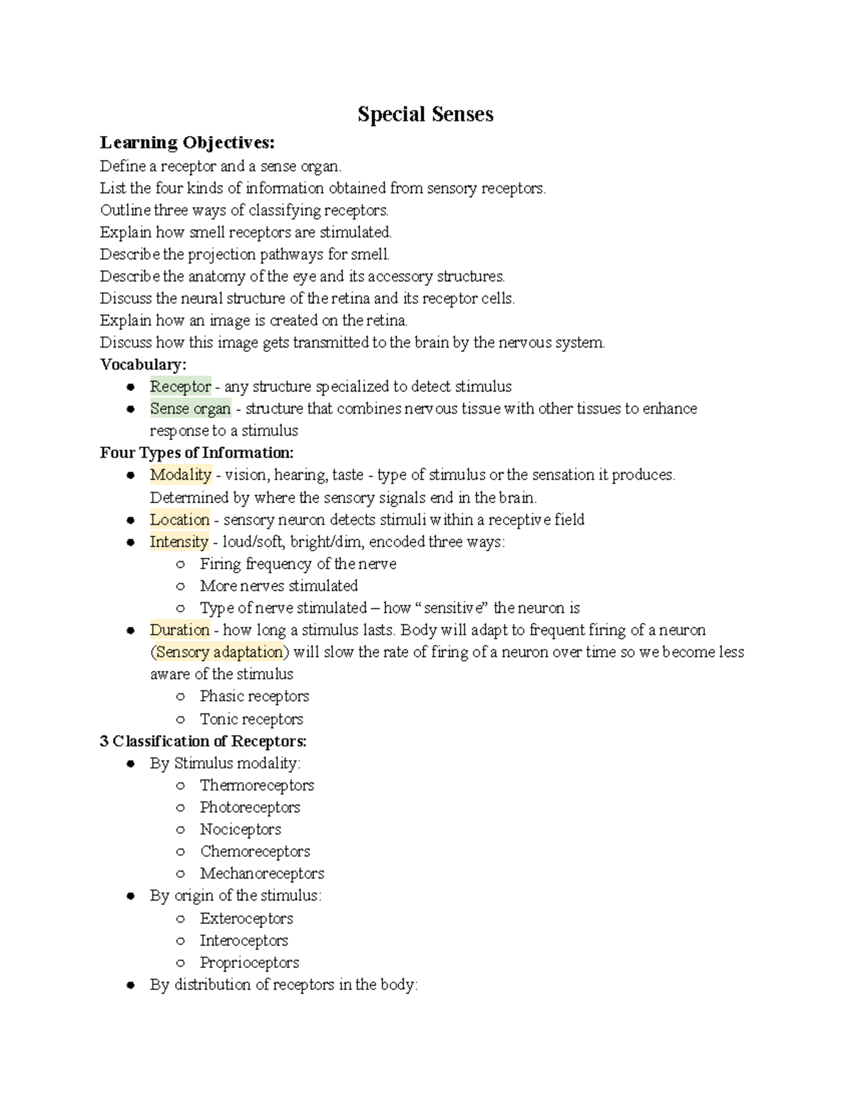 ANSC 512 Final Study Guide - Special Senses Learning Objectives: Define ...