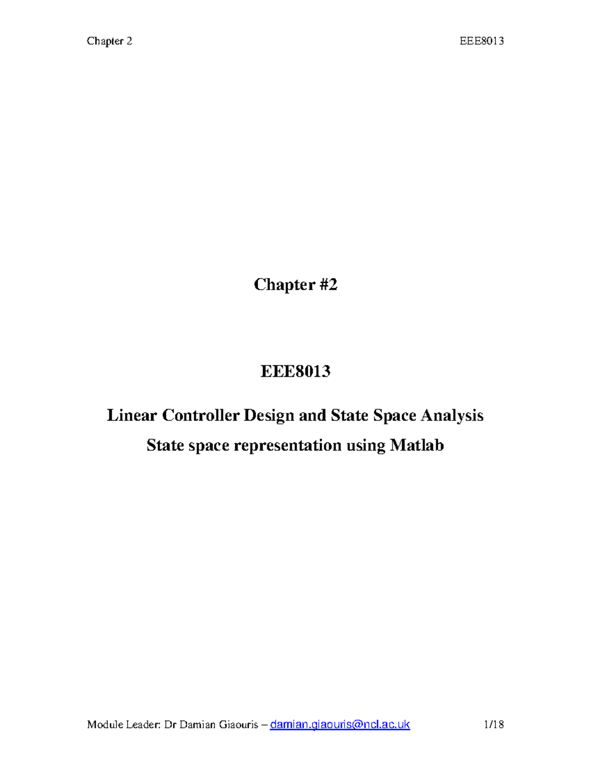 Chapter 2 State space representation using Matlab - Chapter EEE 8013 ...