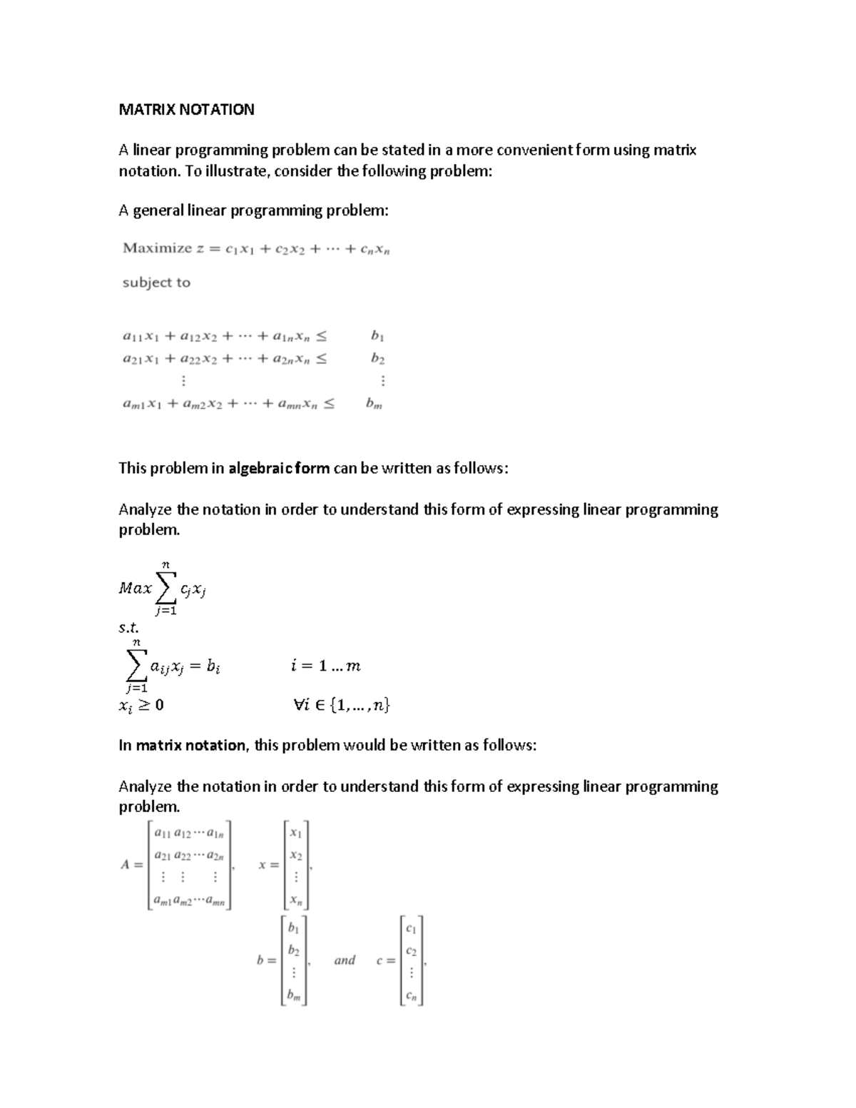 Matrix Notation - m 050 - MATRIX NOTATION A linear programming problem ...