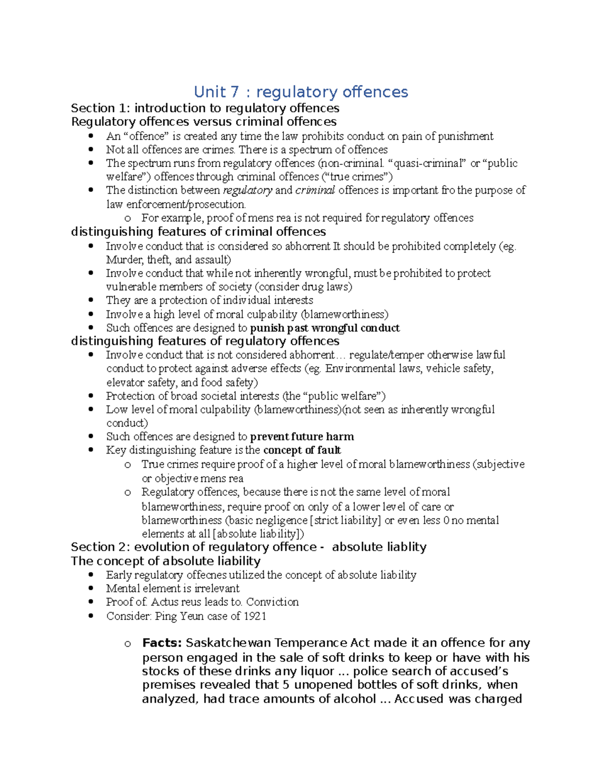 Unit 7 crim 2261 notes - Unit 7 : regulatory offences Section 1 ...