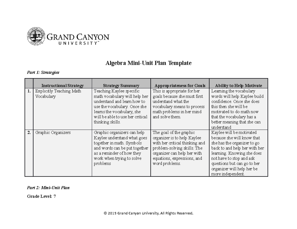 SPD-470 Algebra Unit Plan BAR - Algebra Mini-Unit Plan Template Part 1 ...