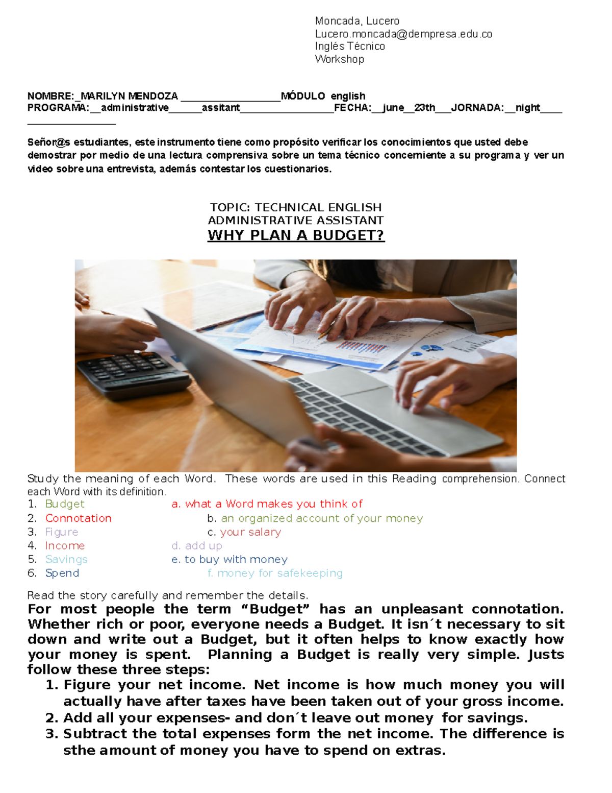 Administrative Assistant reading comprehension 2 - Moncada, Lucero ...