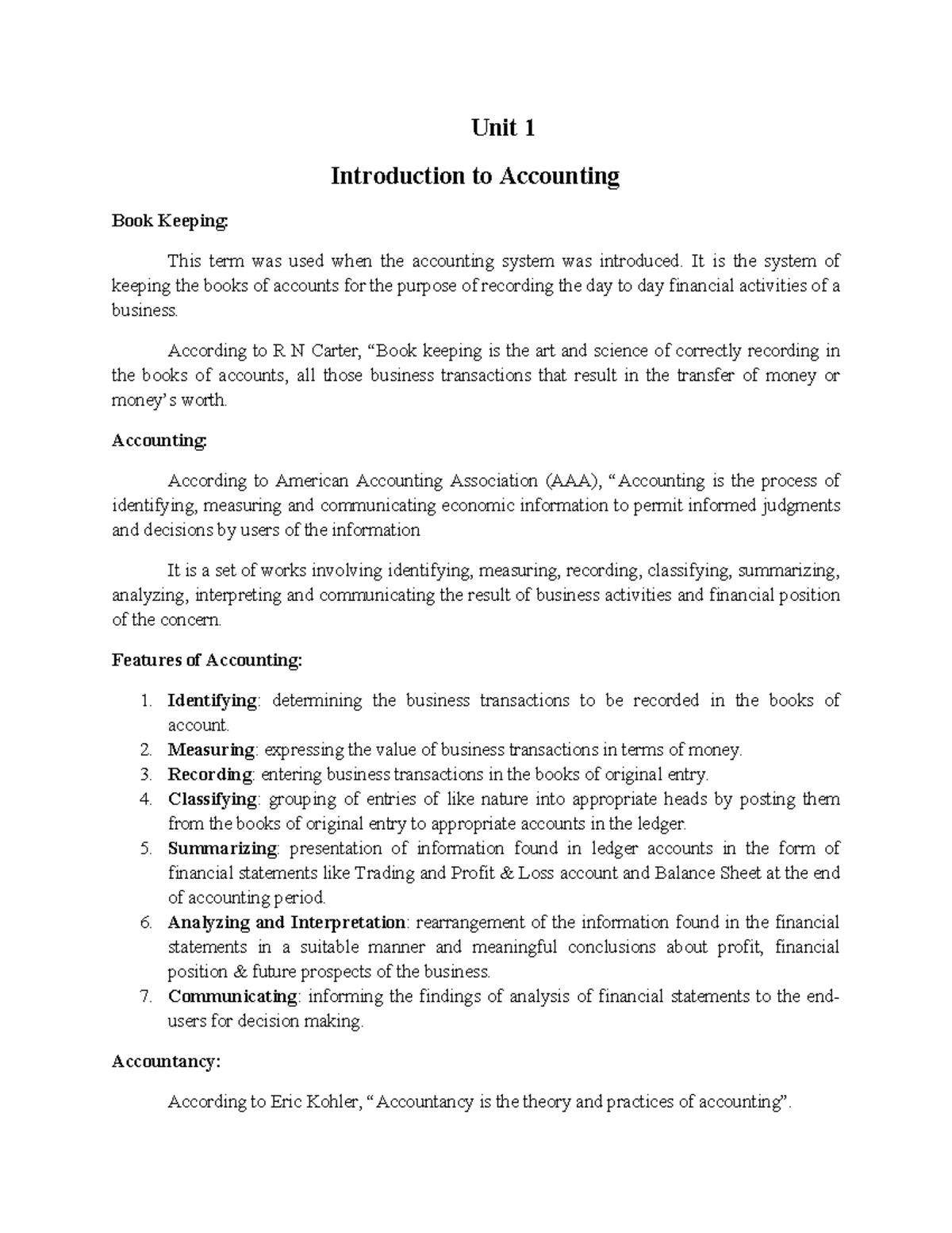 Unit 1 introduction - notes - Unit 1 Introduction to Accounting Book ...